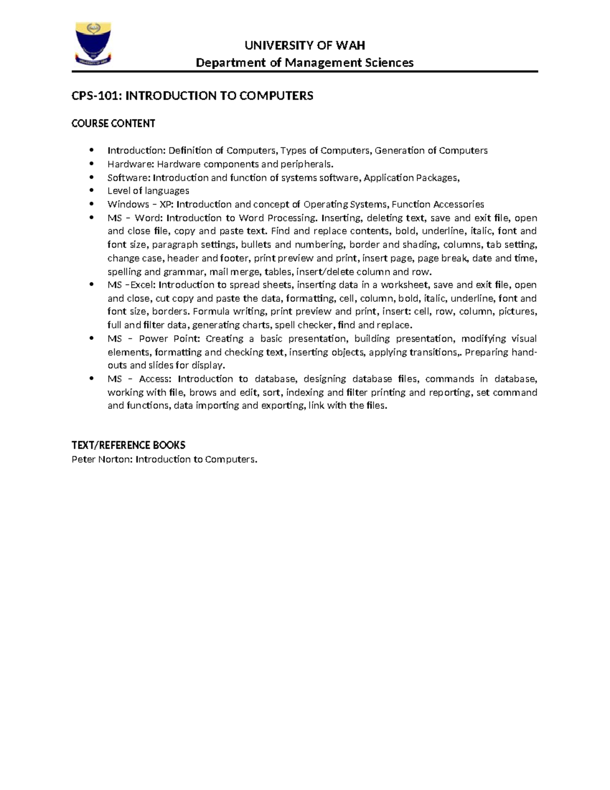 CPS-101 Intro to Comouters - UNIVERSITY OF WAH Department of Management ...