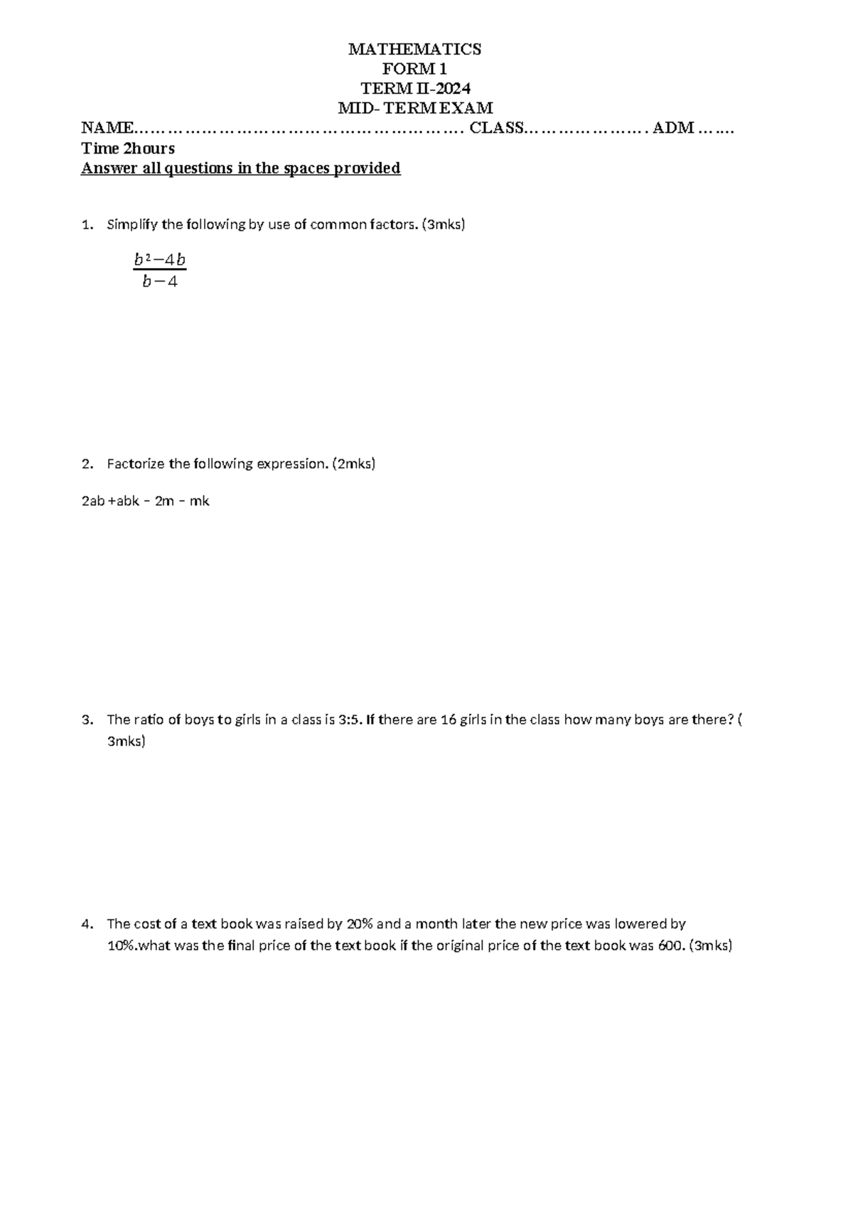 Midterm 2 MATH F1 - MATHEMATICS FORM 1 TERM II- MID- TERM EXAM - Studocu