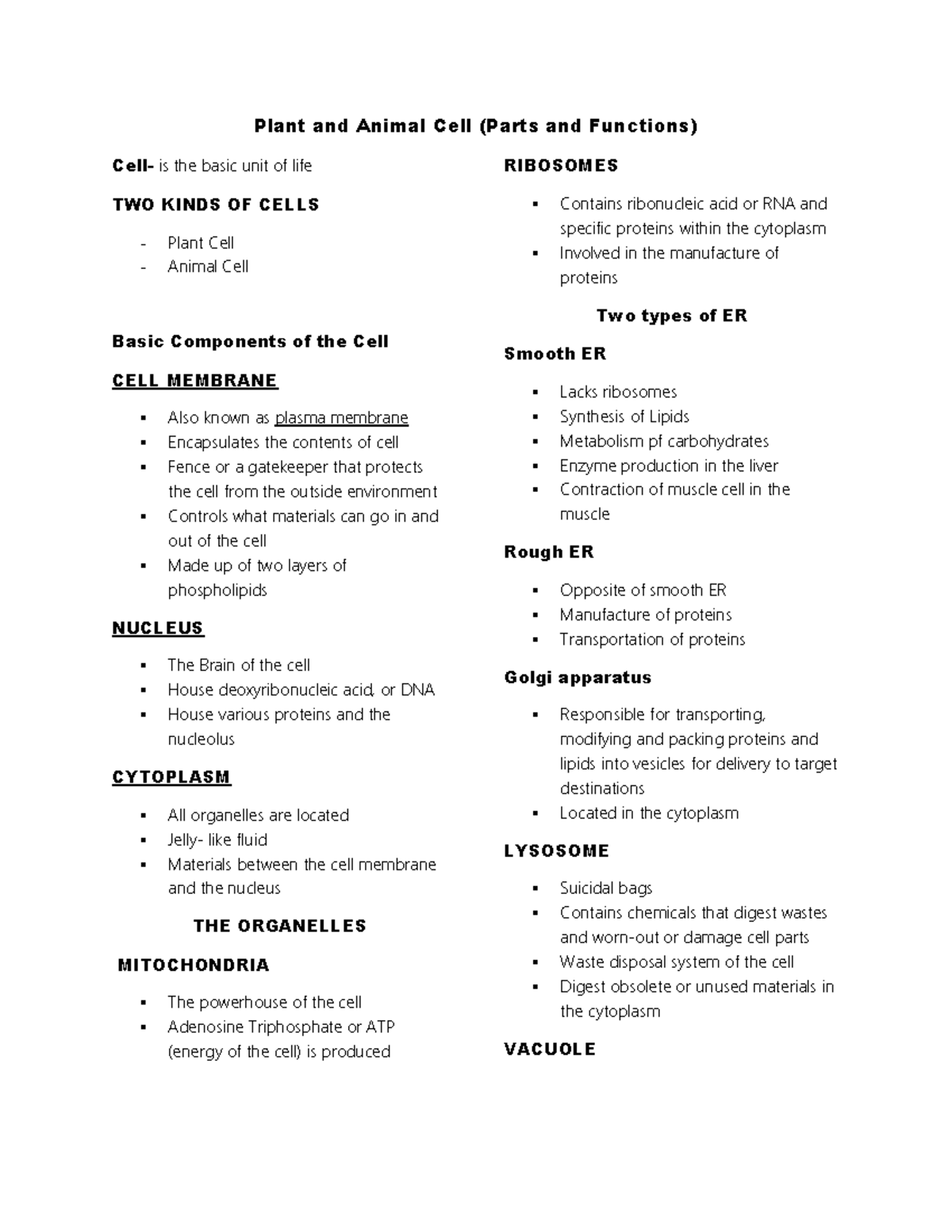 Plant and Animal Cell (Parts and Functions) - Studocu