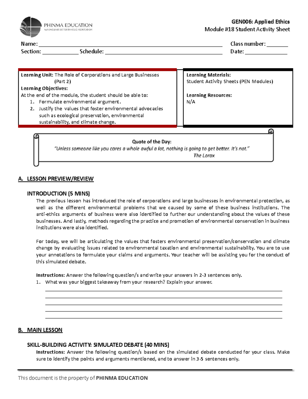 GEN 006.SAS 18 - ETHICS - GEN006: Applied Ethics Module #18 Student ...