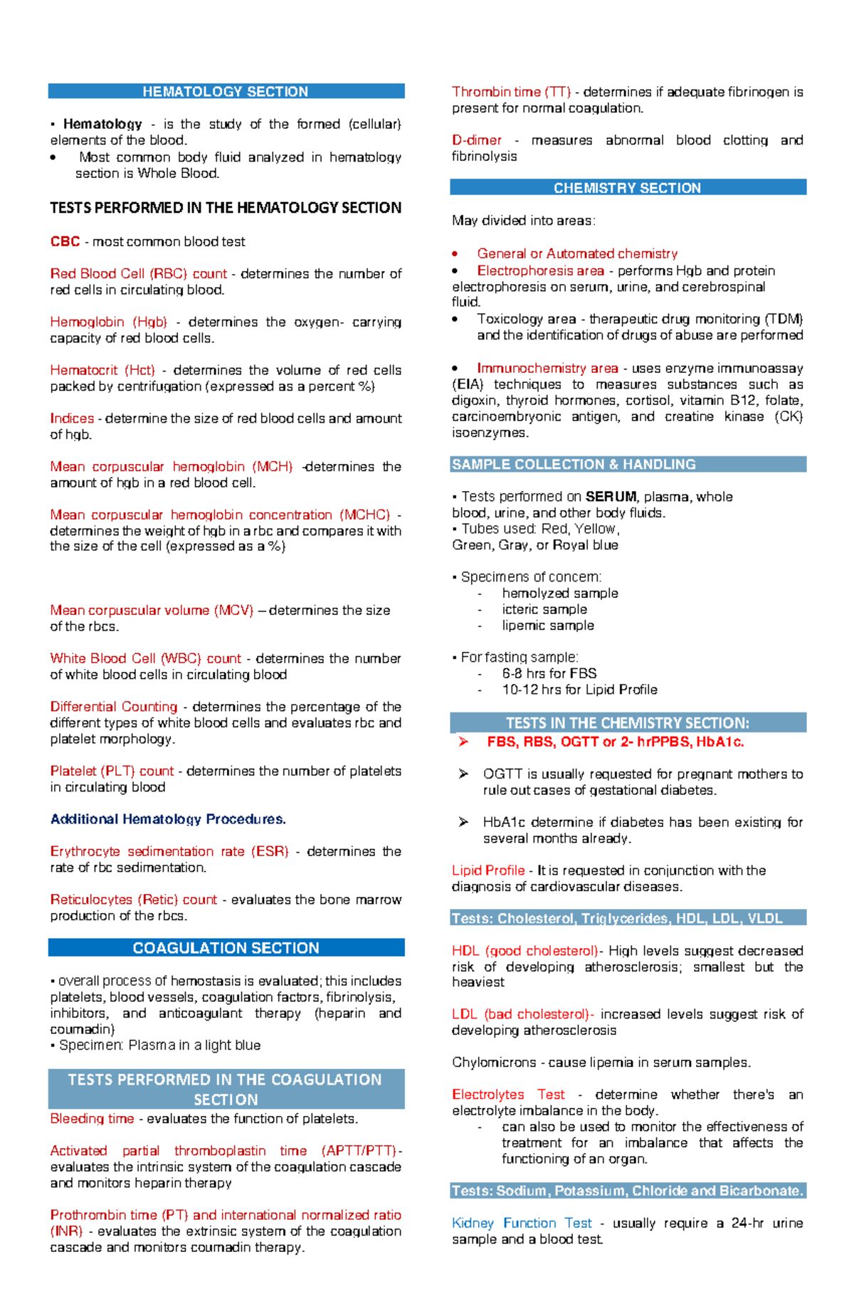 Tests in the lab (summary) - HEMATOLOGY SECTION Hematology - is the ...