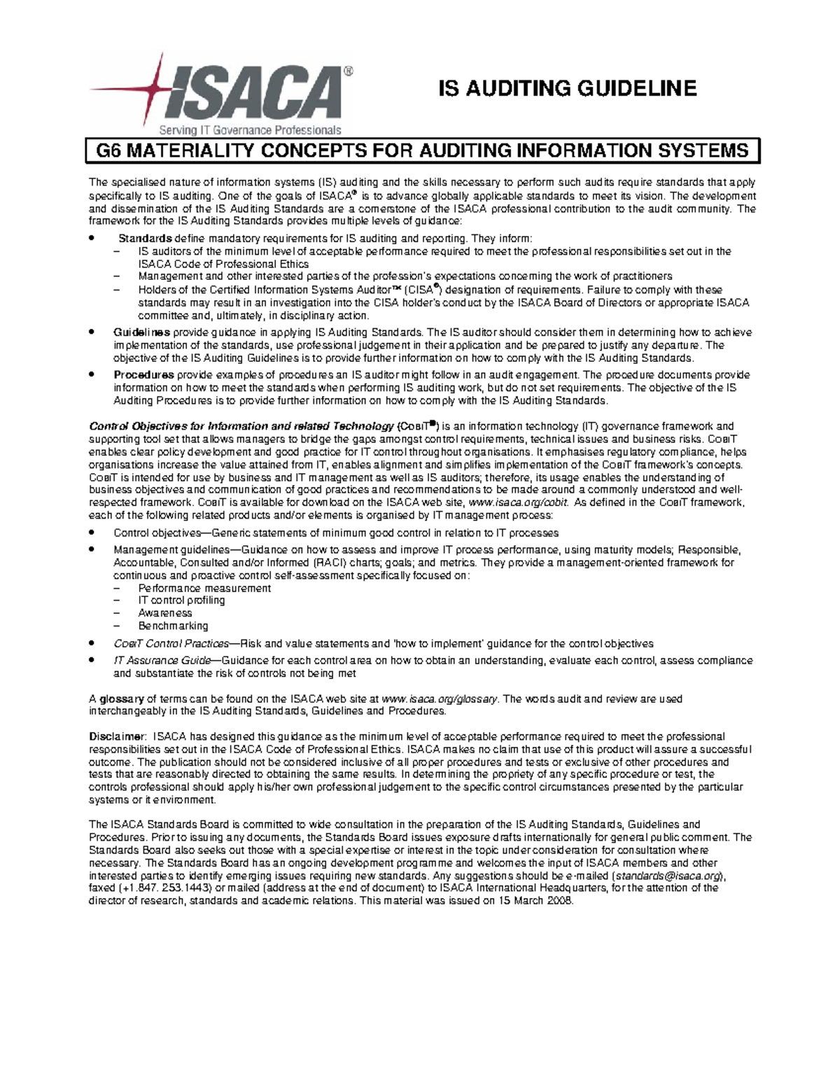 Materiality concept - isa - IS AUDITING GUIDELINE G6 MATERIALITY ...