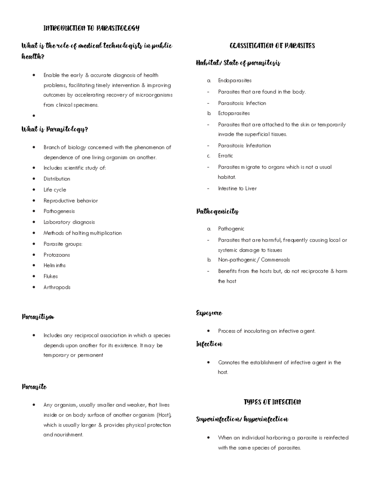 Parasitology Notes - Parasites - INTRODUCTION TO PARASITOLOGY What is ...