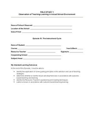 FS 1 LE 9 - LEARNING EPISODES - FIELD STUDY 1 Observation of Teaching ...