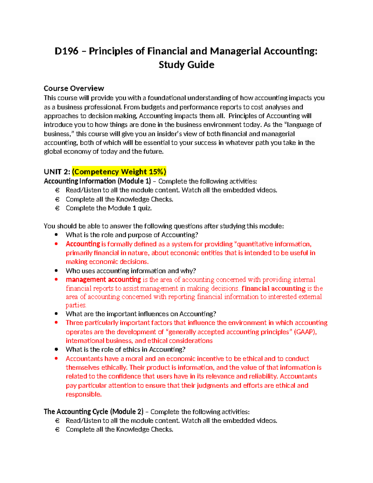 D196 Study Guide - D196 – Principles of Financial and Managerial ...
