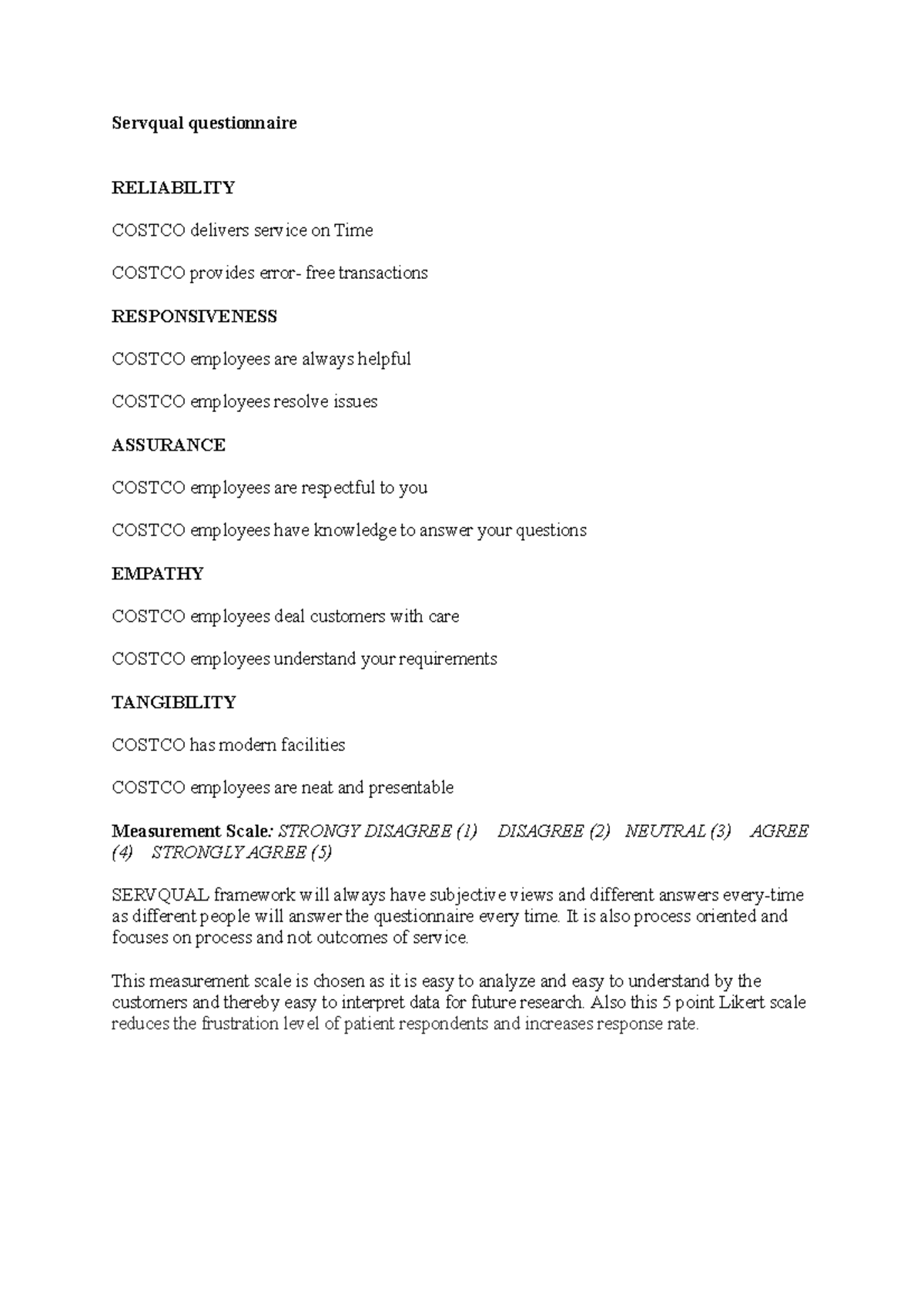 Servqual questionnaire - Servqual questionnaire RELIABILITY COSTCO ...