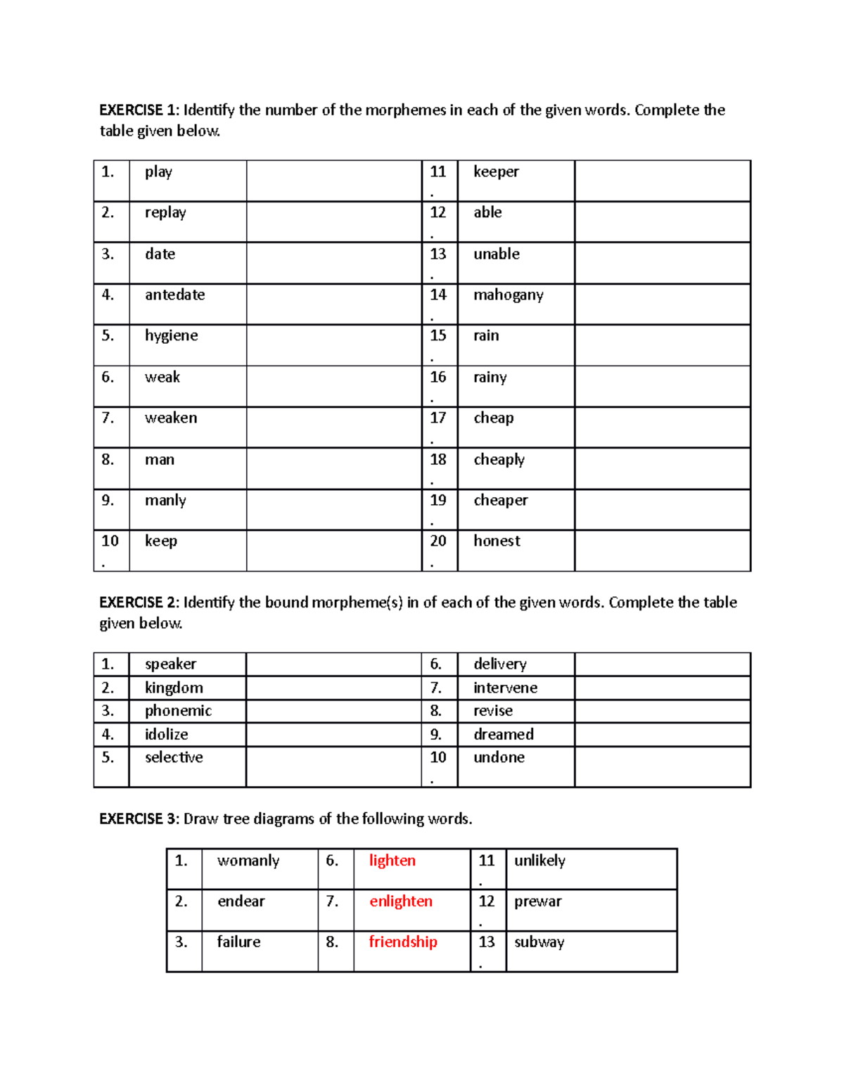 Morphology - EXERCISE 1: Identify the number of the morphemes in each ...