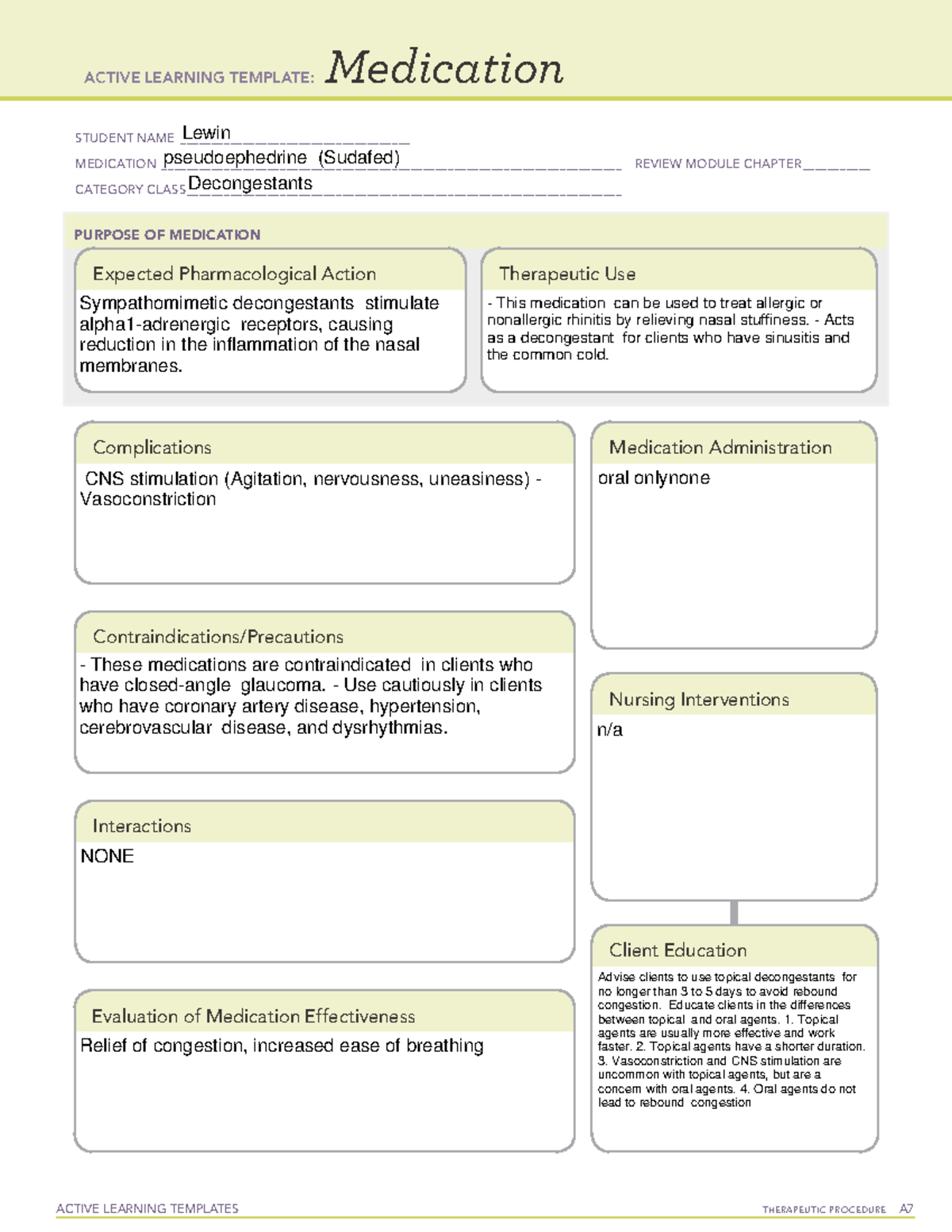 Med Card Decongestant - ACTIVE LEARNING TEMPLATES THERAPEUTIC PROCEDURE ...