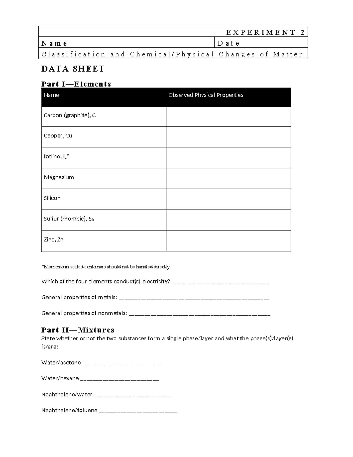 CHM1045 L Experiment 2 Data Sheet-3 - DATA SH EET Part I—Elements Name Observed Physical ...