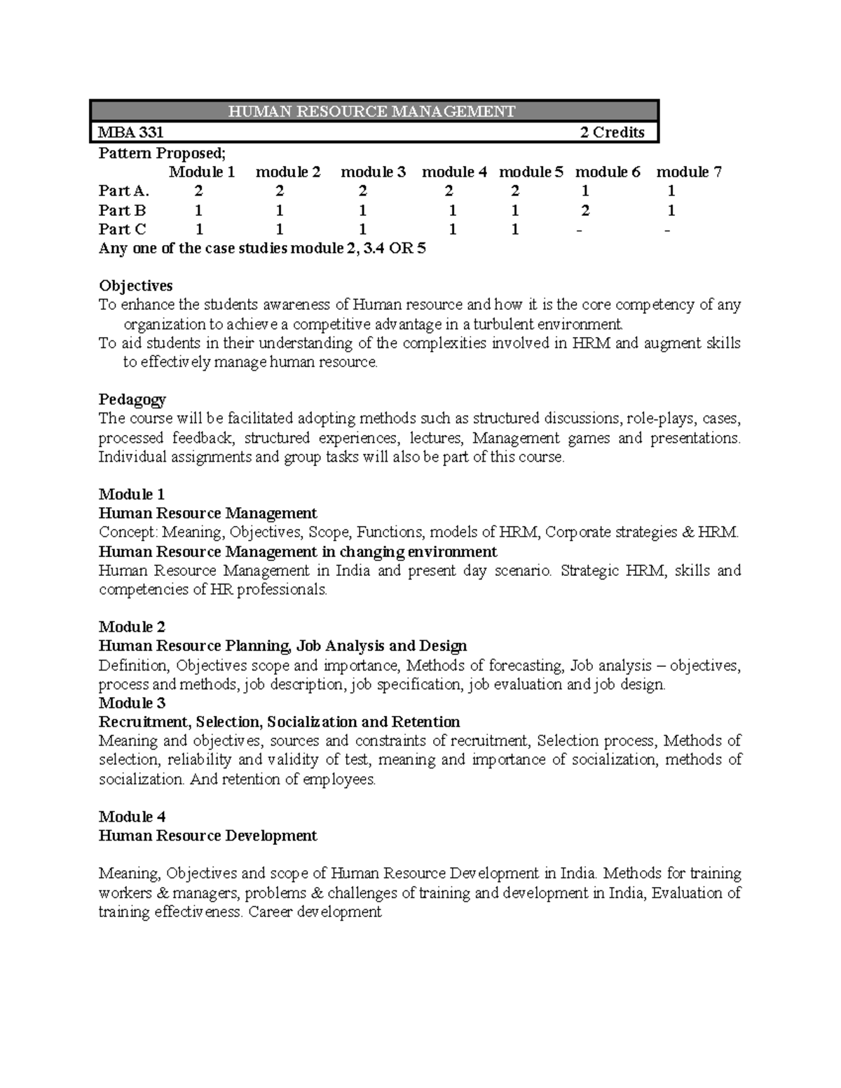 Introduction to HRM - HUMAN RESOURCE MANAGEMENT MBA 331 2 Credits ...