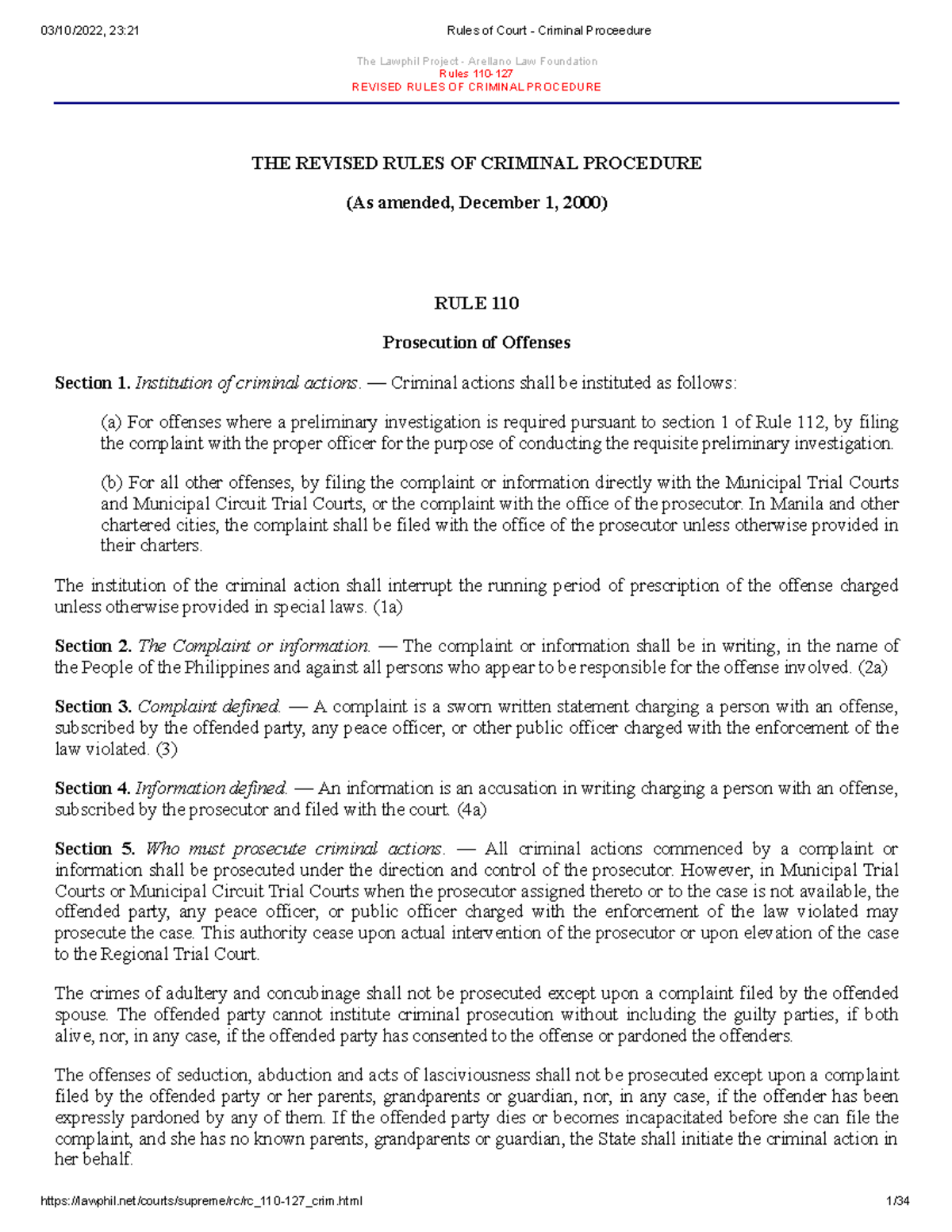 Rules Of Court Criminal Proceedure The Lawphil Project Arellano