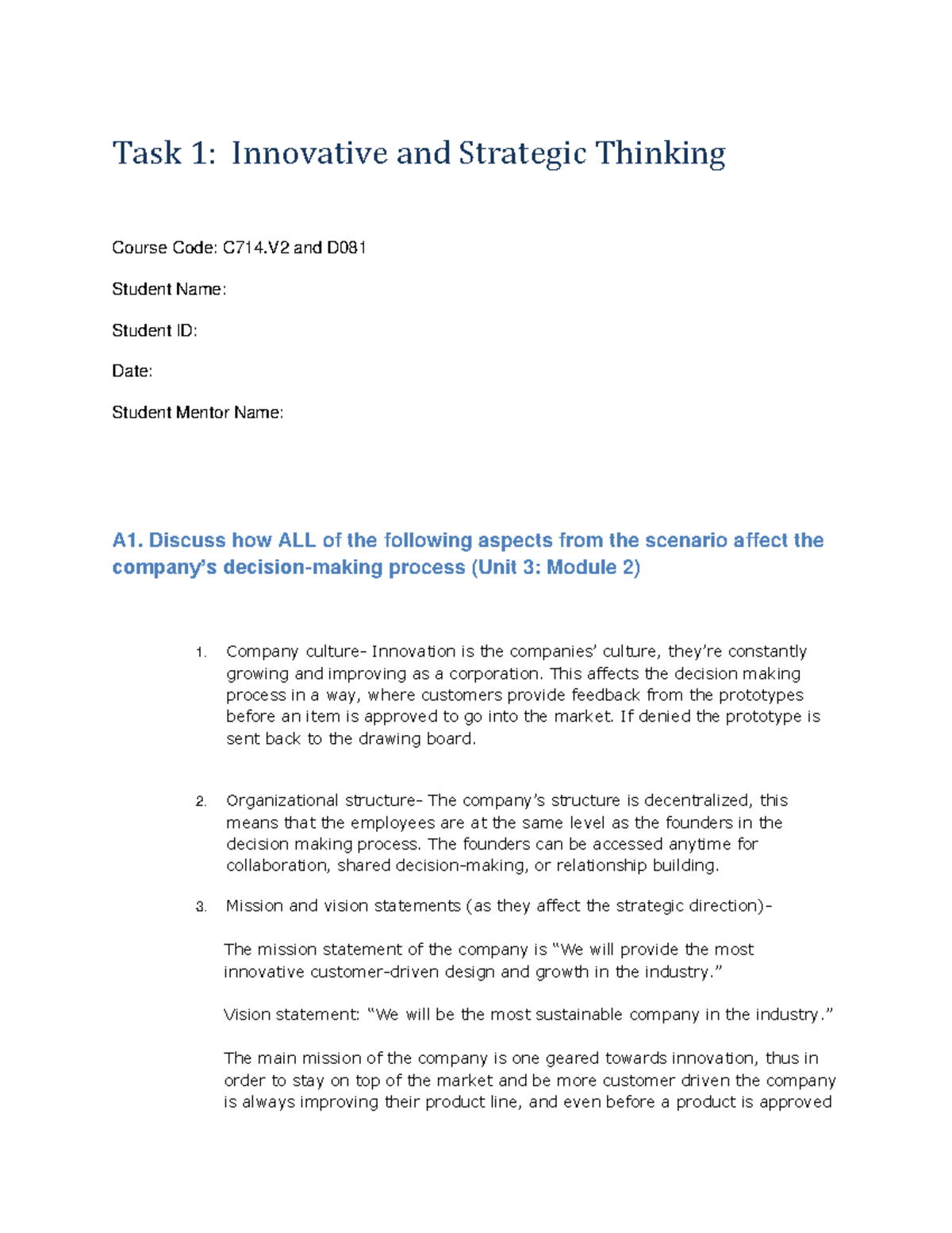 Task one- n/a - Task 1: Innovative and Strategic Thinking Course Code ...