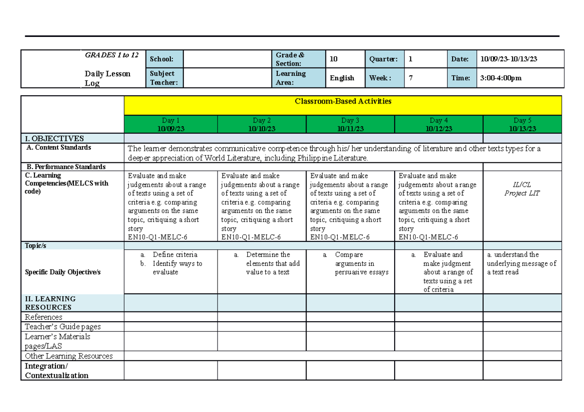 Week-7 7 - LESSON PLAN IN ENGLISH - GRADES 1 to 12 Daily Lesson Log ...