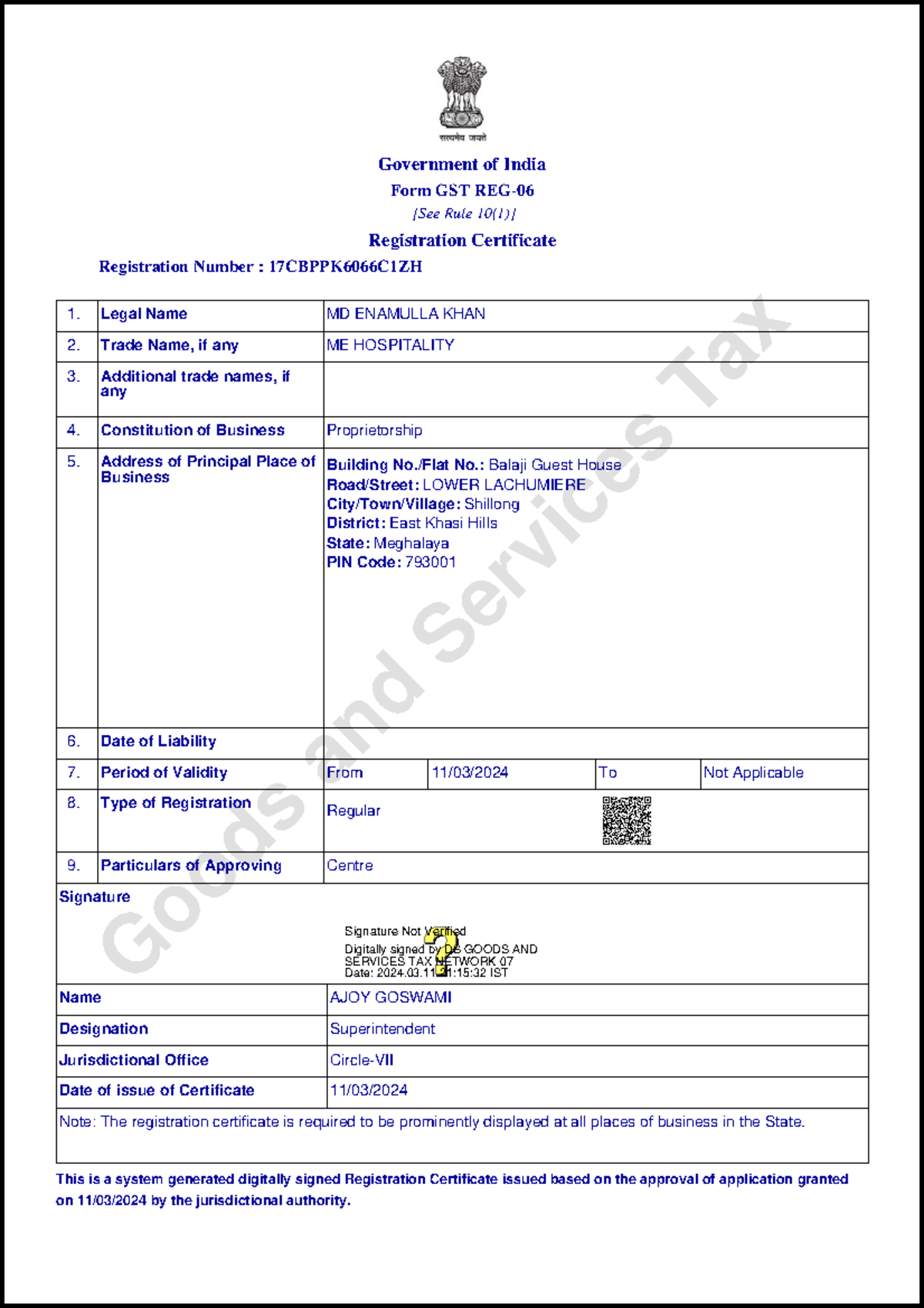 GST Registration Certificate - Goods and Services Tax Government of ...
