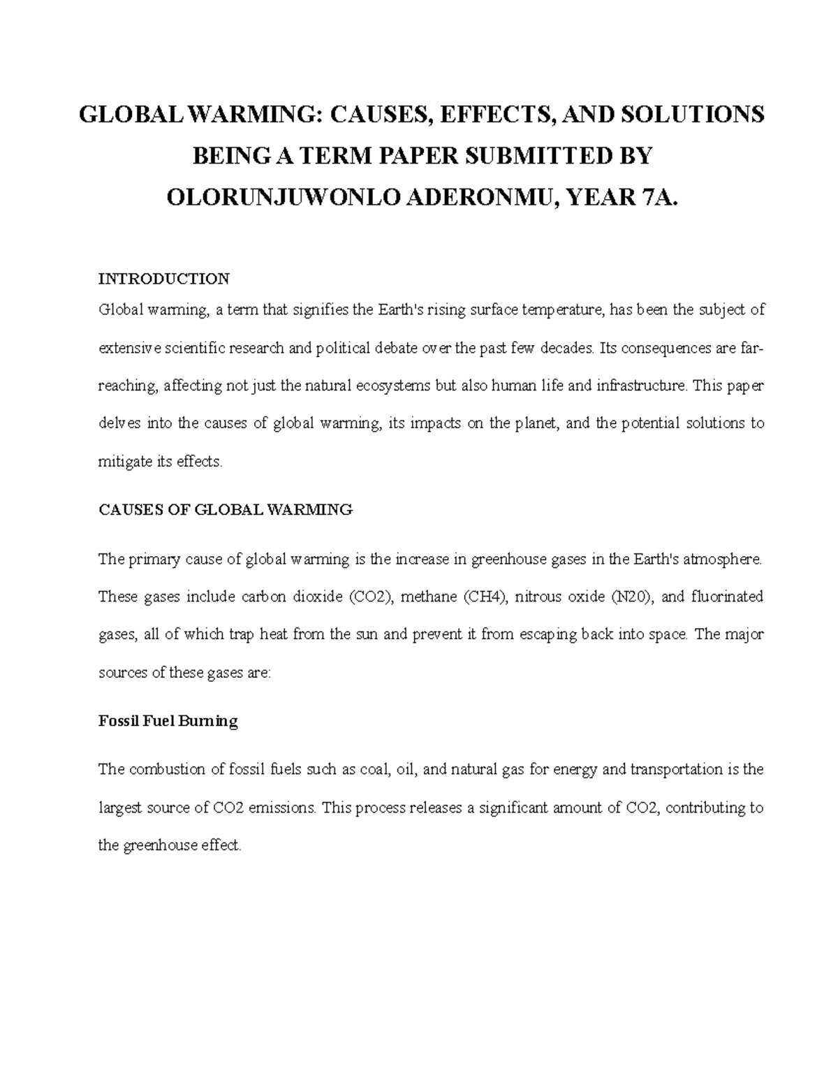 Global Warming Paper - GLOBAL WARMING: CAUSES, EFFECTS, AND SOLUTIONS ...