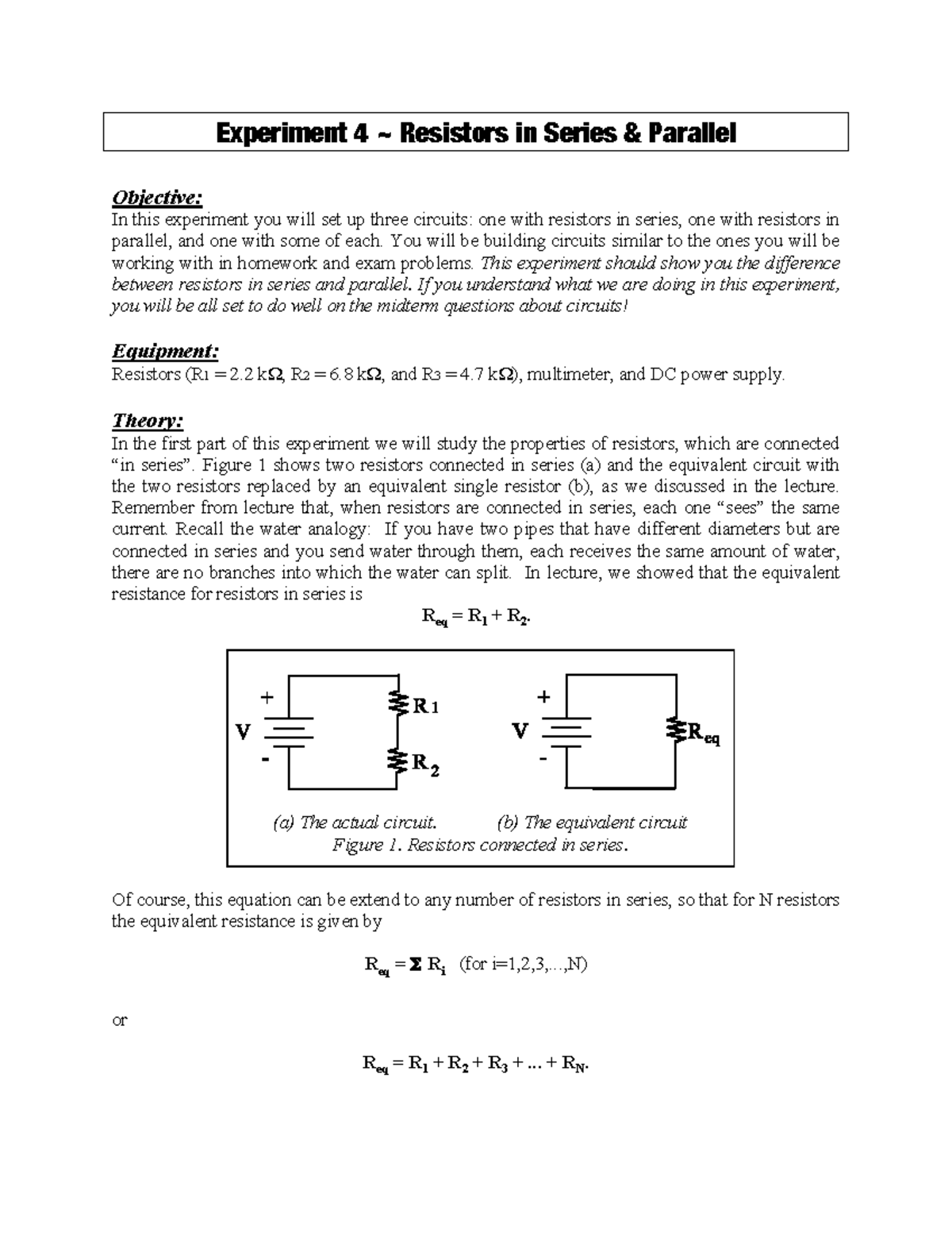 Exp4 - Series - Experiment 4 ~ Resistors in Series & Parallel Objective ...