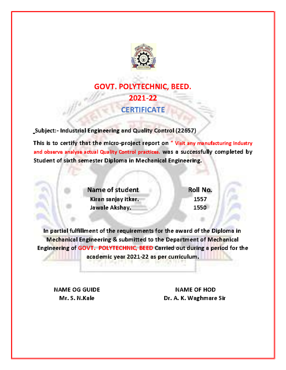 IEQ complete - Micro Project Report - GOVT. POLYTECHNIC, BEED. 2021 ...