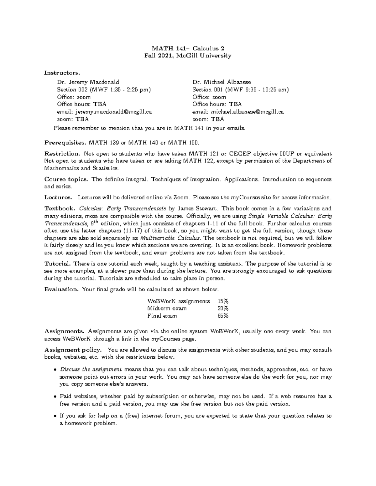 MATH 141 Fall 2021 Syllabus - MATH 141– Calculus 2 Fall 2021, McGill ...