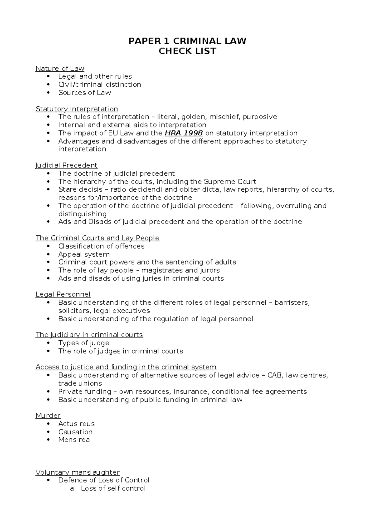 Checklist Paper 2 - PAPER 1 CRIMINAL LAW CHECK LIST Nature of Law Legal ...
