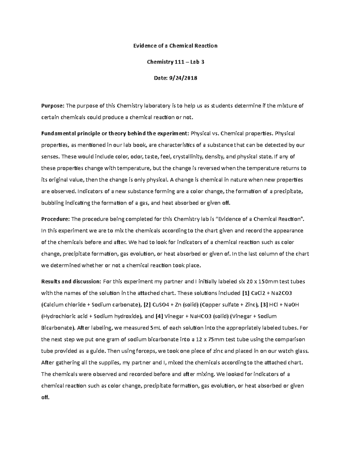 Chem 111 Chemistry Lab 3 - Evidence of a Chemical Reaction Chemistry ...