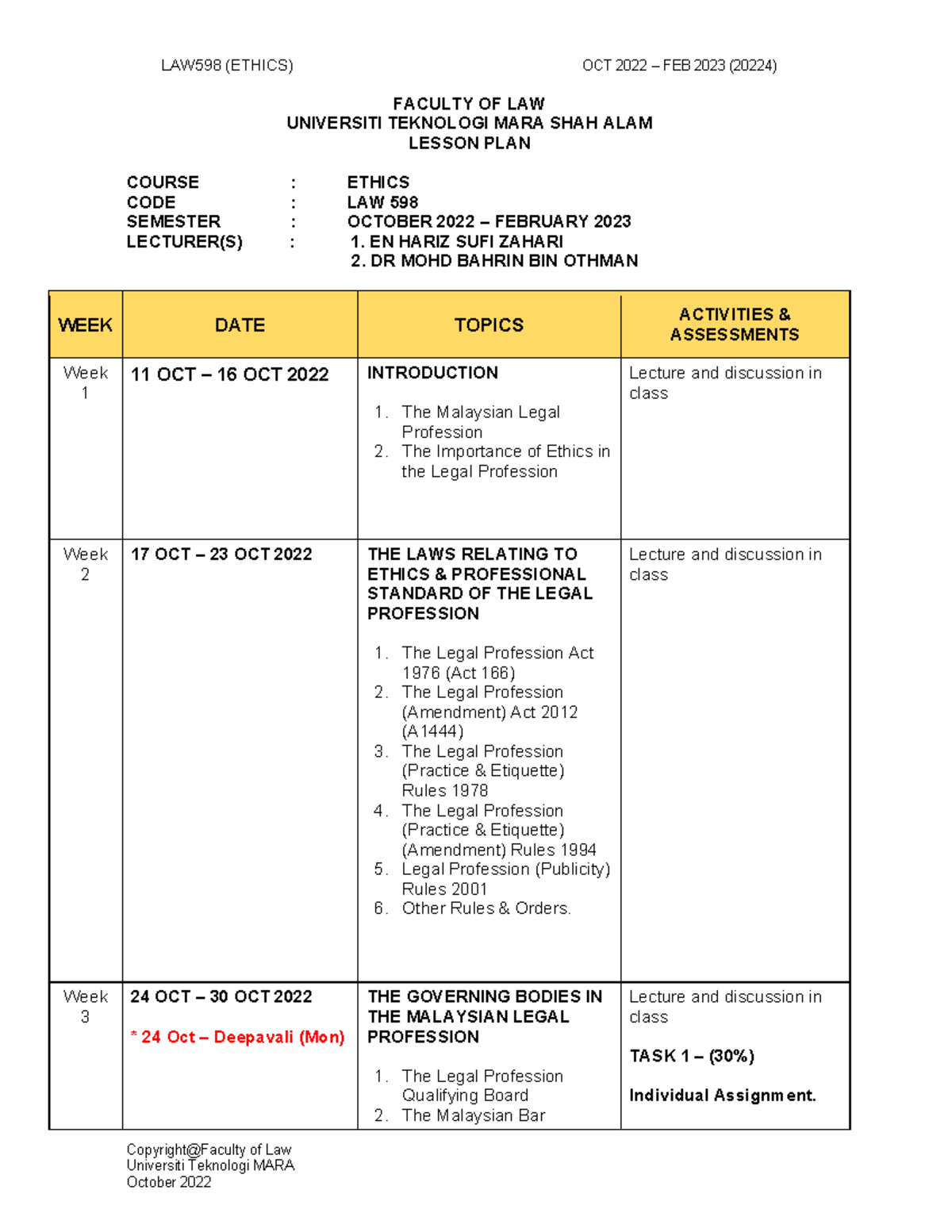 Lesson Plan - Copyright@Faculty of Law Universiti Teknologi MARA ...