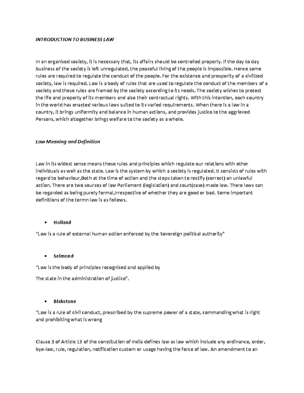 Business Law 1 - INTRODUCTION TO BUSINESS LAW In an organised society ...