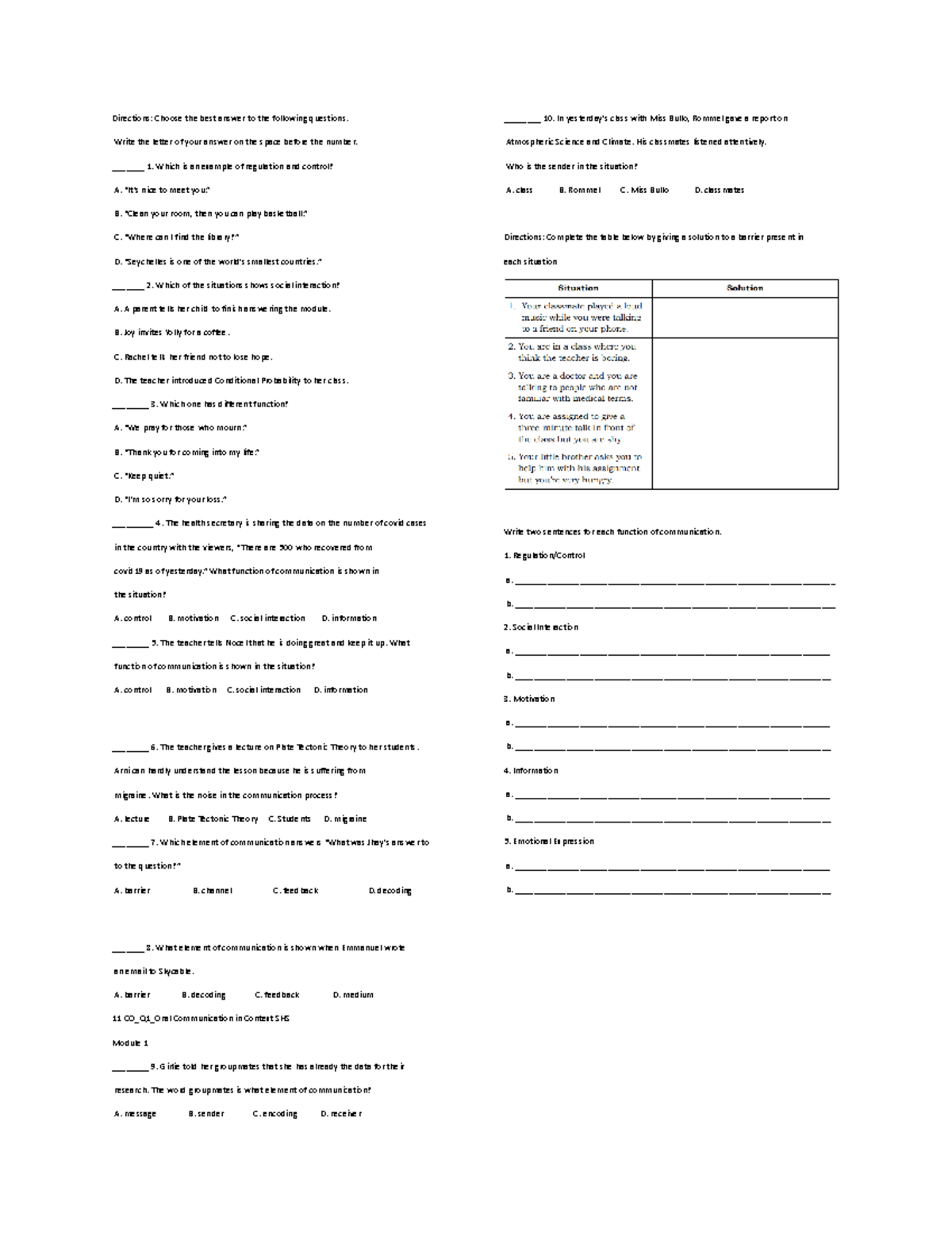 Quiz for Oral Comm - quiz - Directions: Choose the best answer to the following questions. Write ...