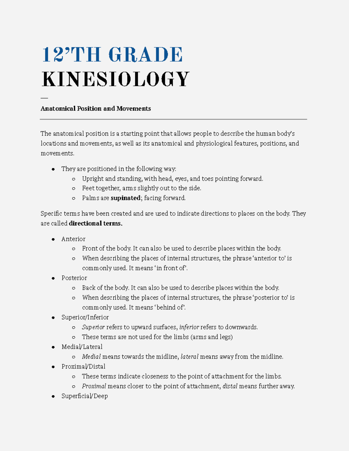 Anatomical Position and Movements - PSK4U - 12’TH GRADE KINESIOLOGY ...