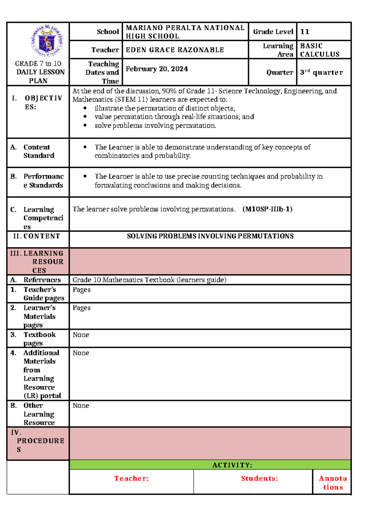 Solving Problems Involving Permutation Grade 10 Mathematics Lesson Plan - GRADE 7 to 10 DAILY ...