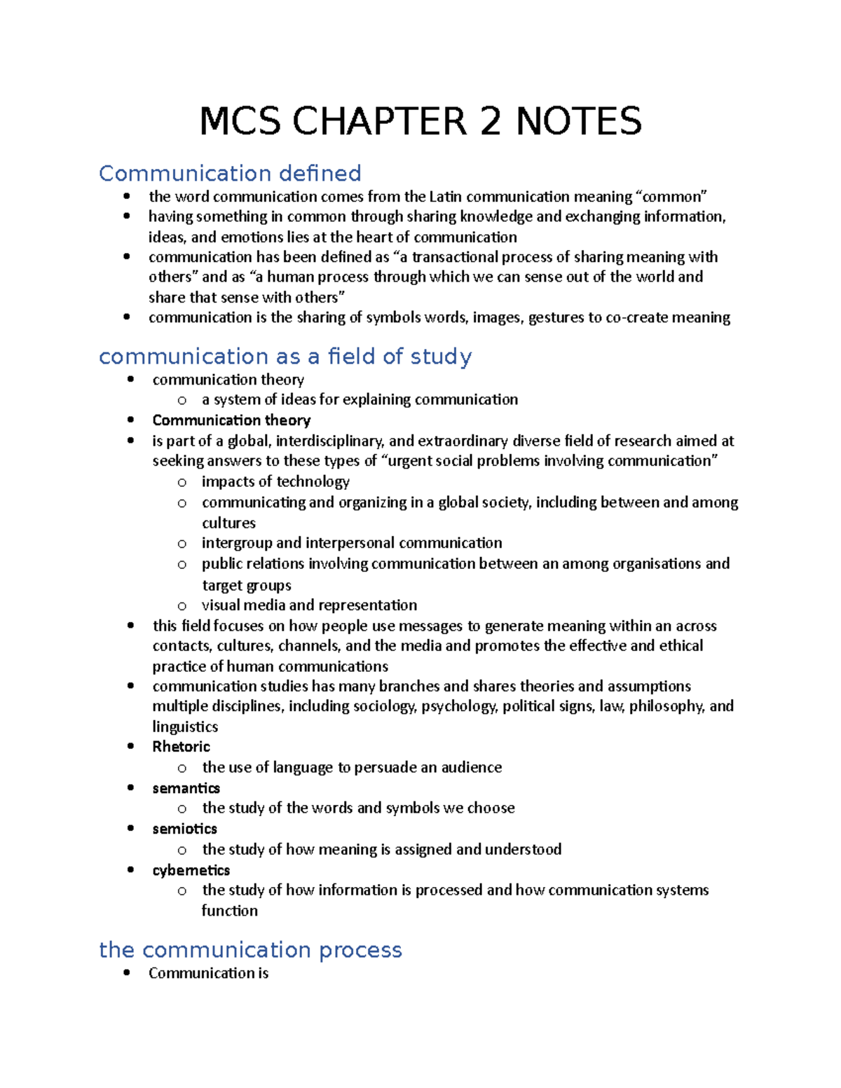 MCS Chapter 2 Notes - MCS CHAPTER 2 NOTES Communication defined the ...