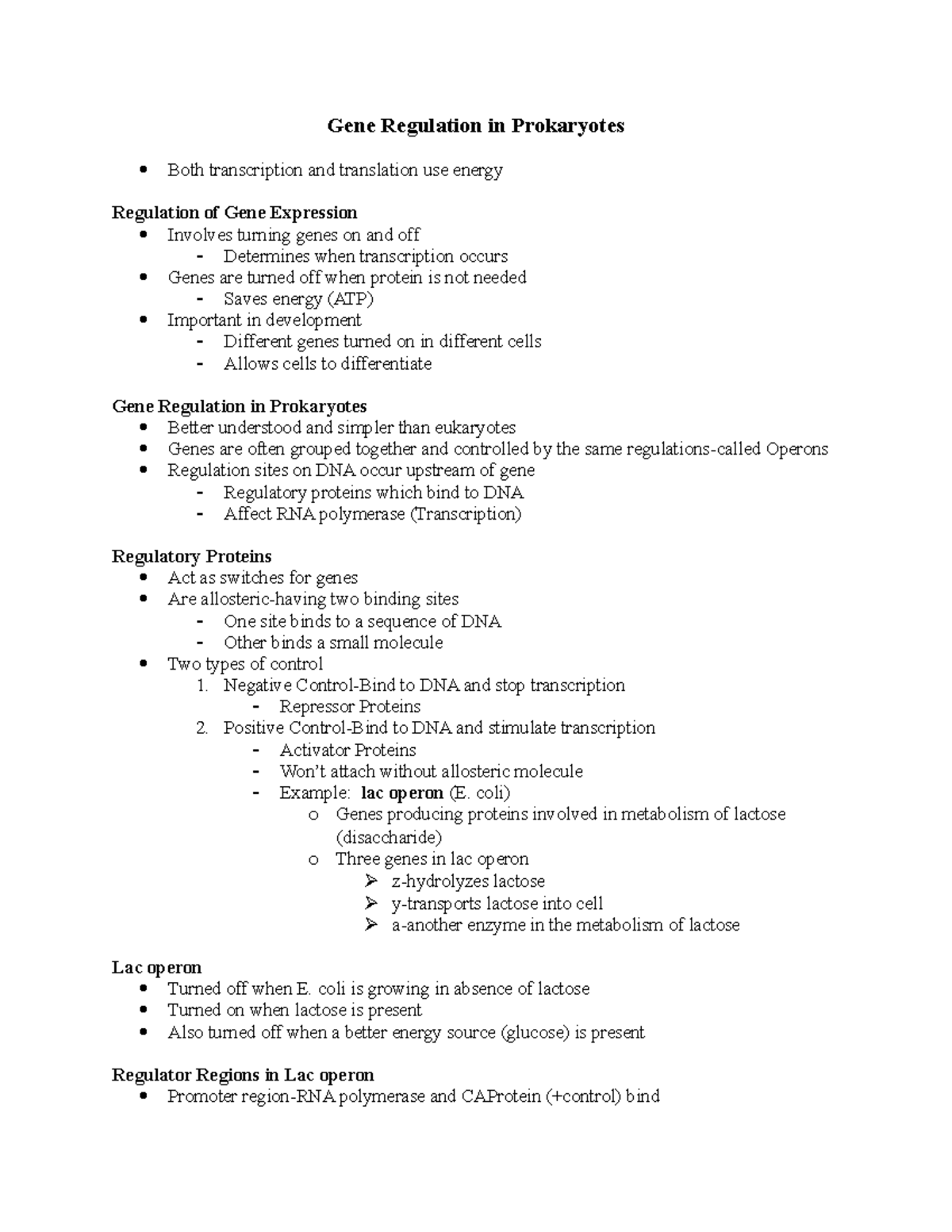 Biology Ch. 18 - Lecture notes from BSC 110H - Gene Regulation in ...