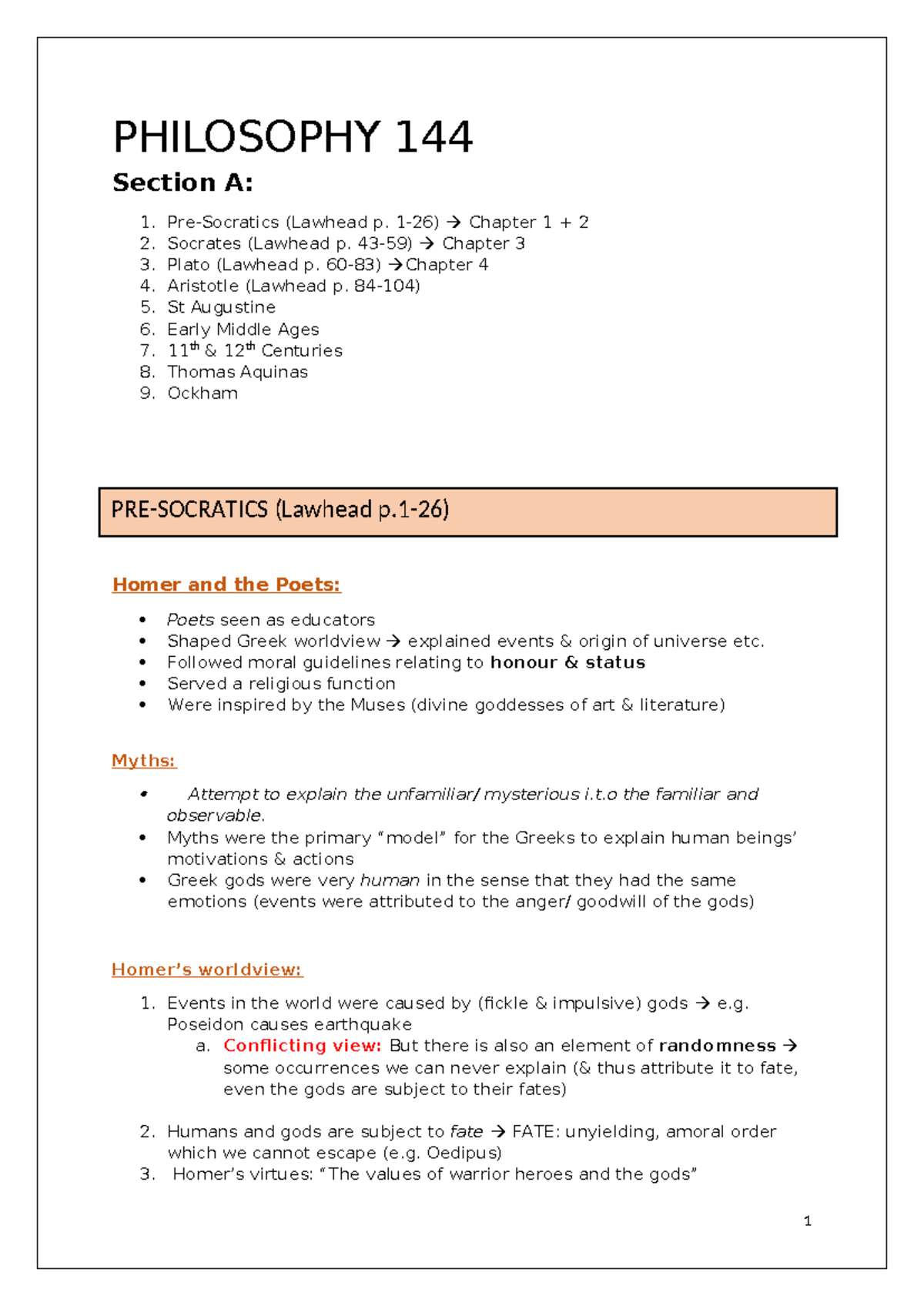 Philosophy 144 Summaries - PHILOSOPHY 144 Section A: Pre-Socratics ...