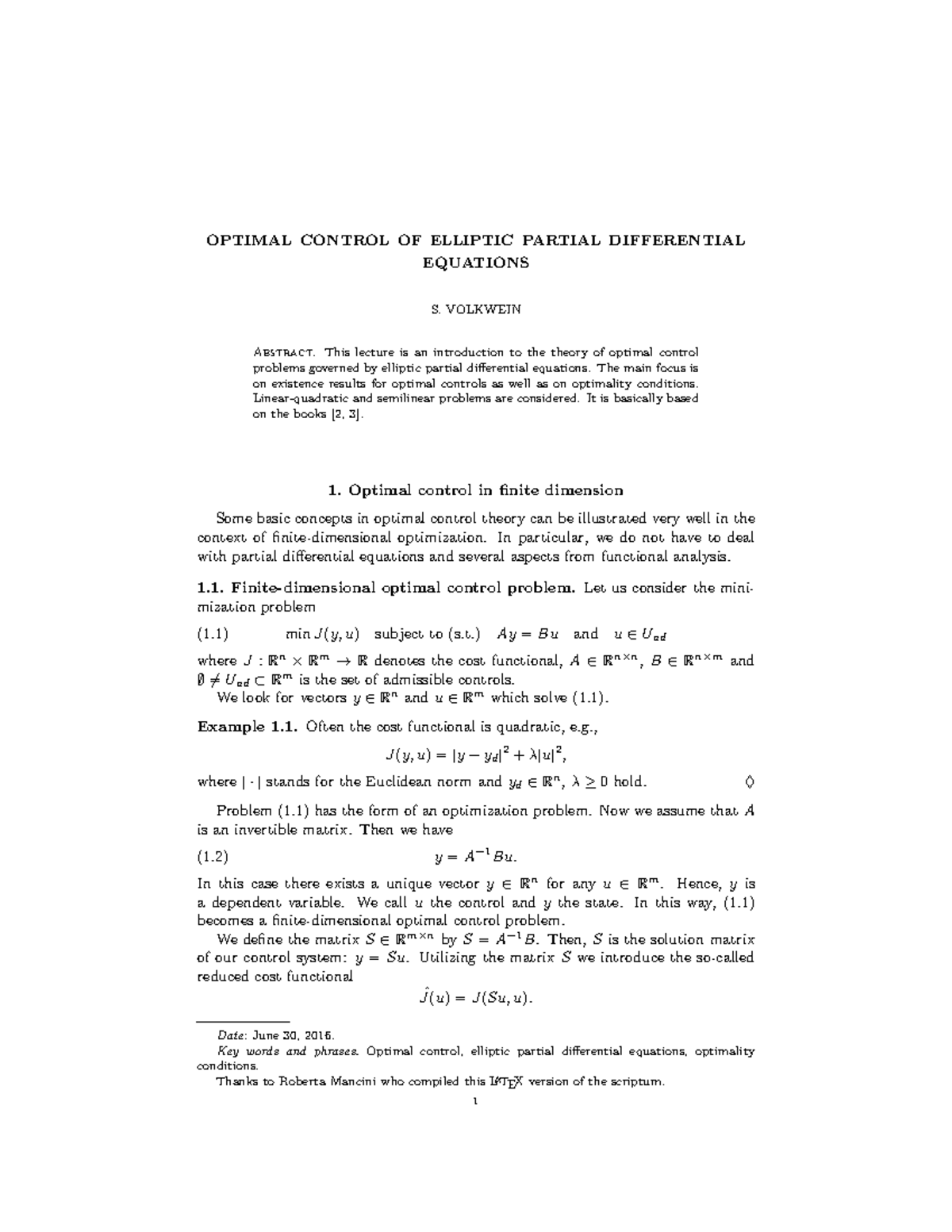 Optimal-Control-EPDEs - OPTIMAL CONTROL OF ELLIPTIC PARTIAL DIFFERENTIAL EQUATIONS S. VOLKWEIN ...
