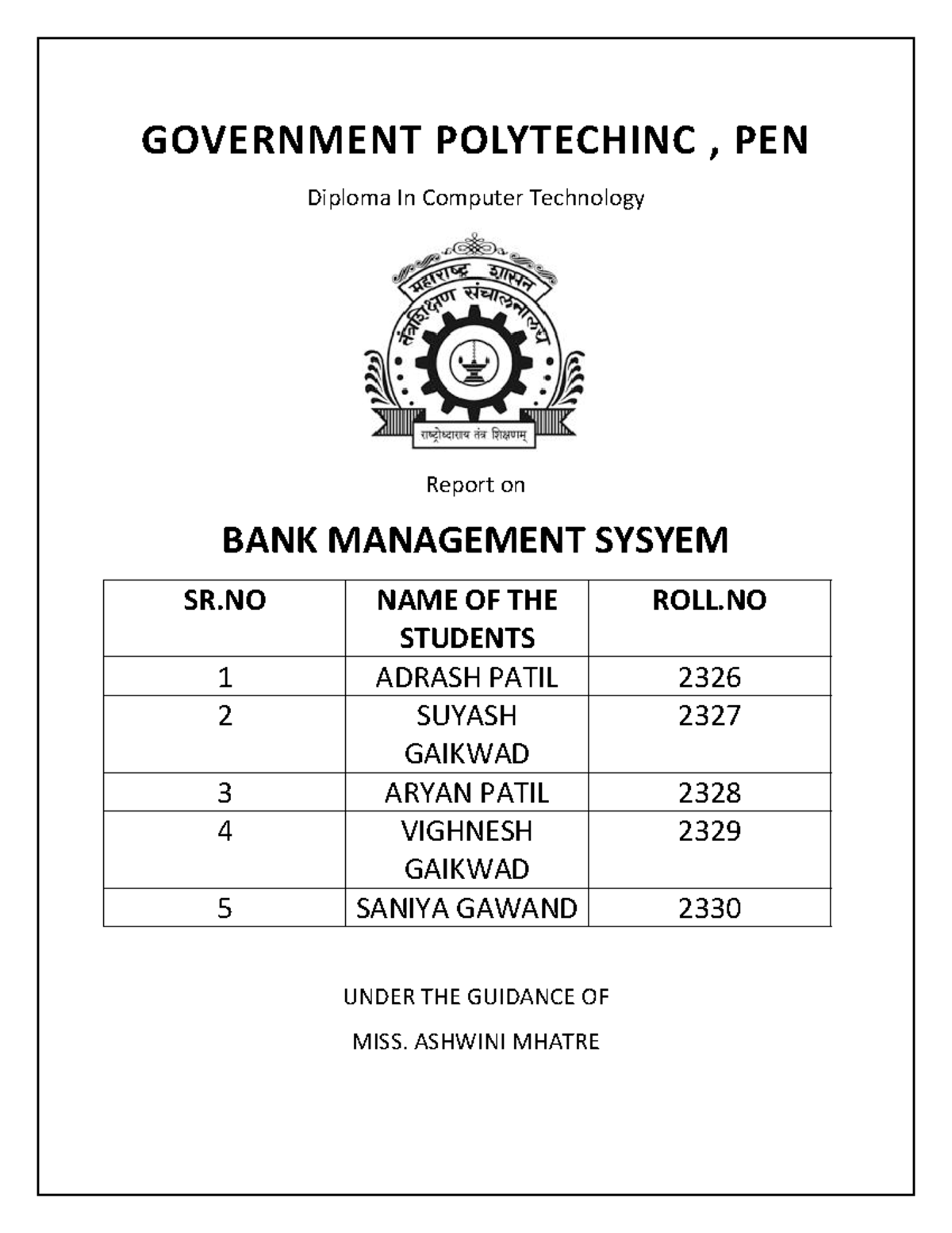 C Microproject Government Polytechinc Pen Diploma In Computer Technology Report On Bank 