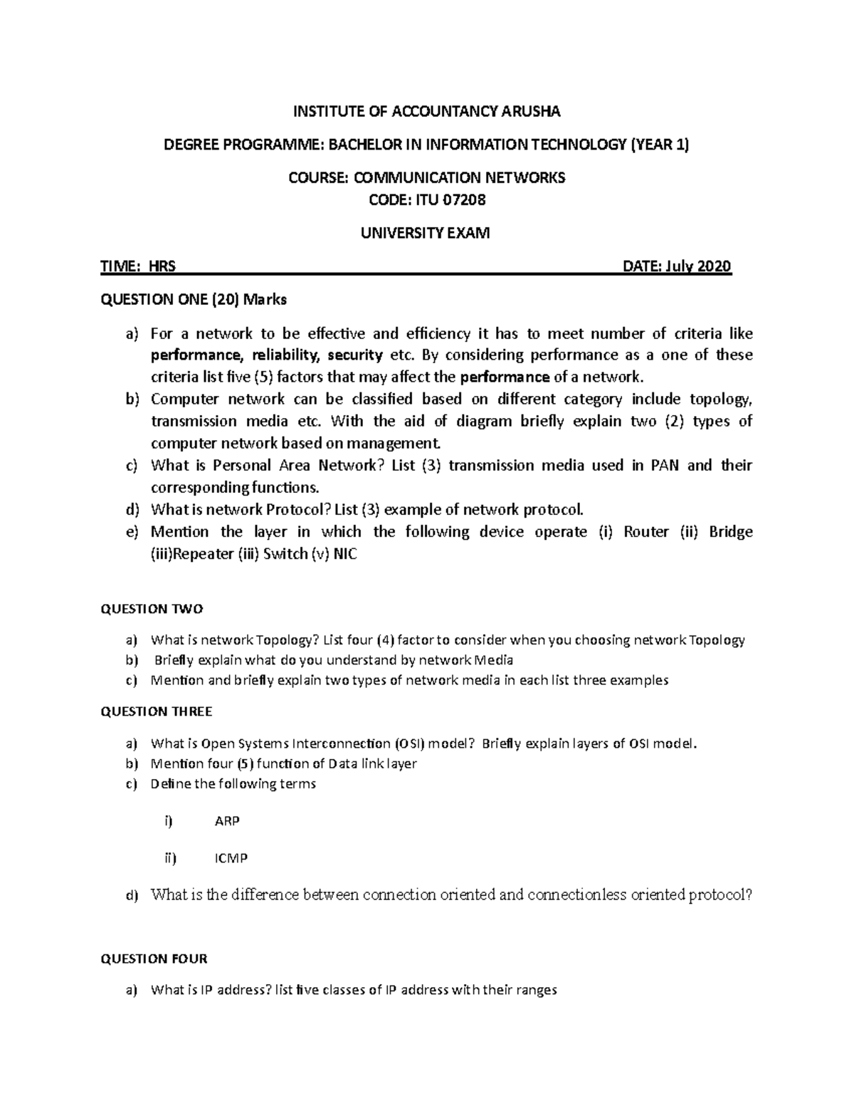 BIT Exam final examination for informatics - INSTITUTE OF ACCOUNTANCY ...