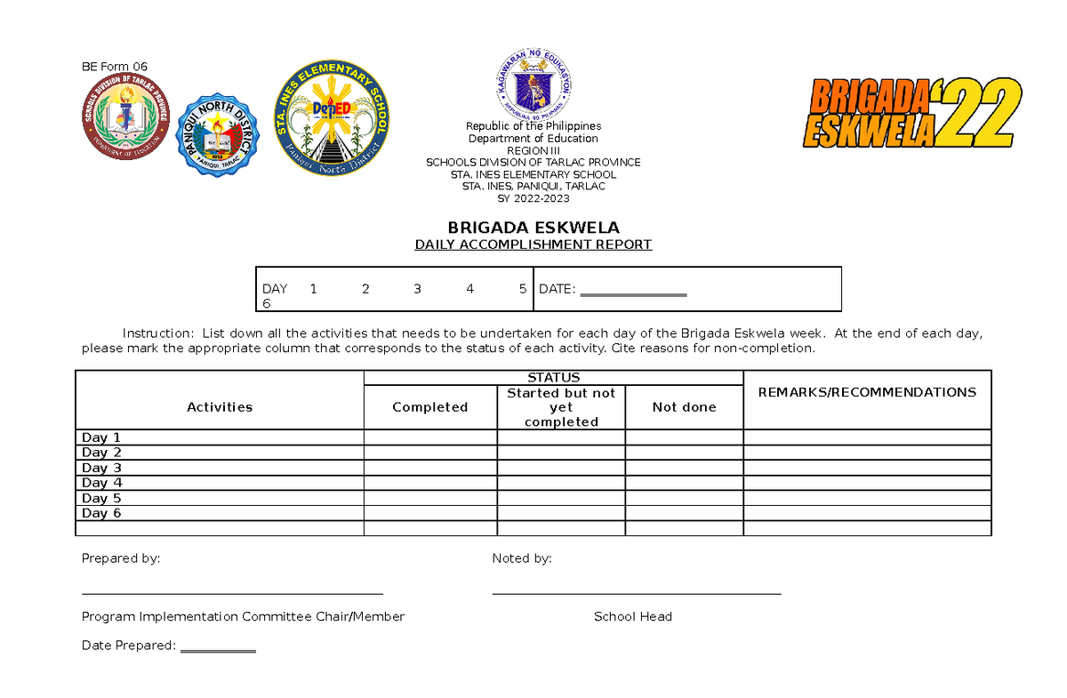 BE Form 6 Daily Accomplishment Report - BE Form 06 Republic of the ...