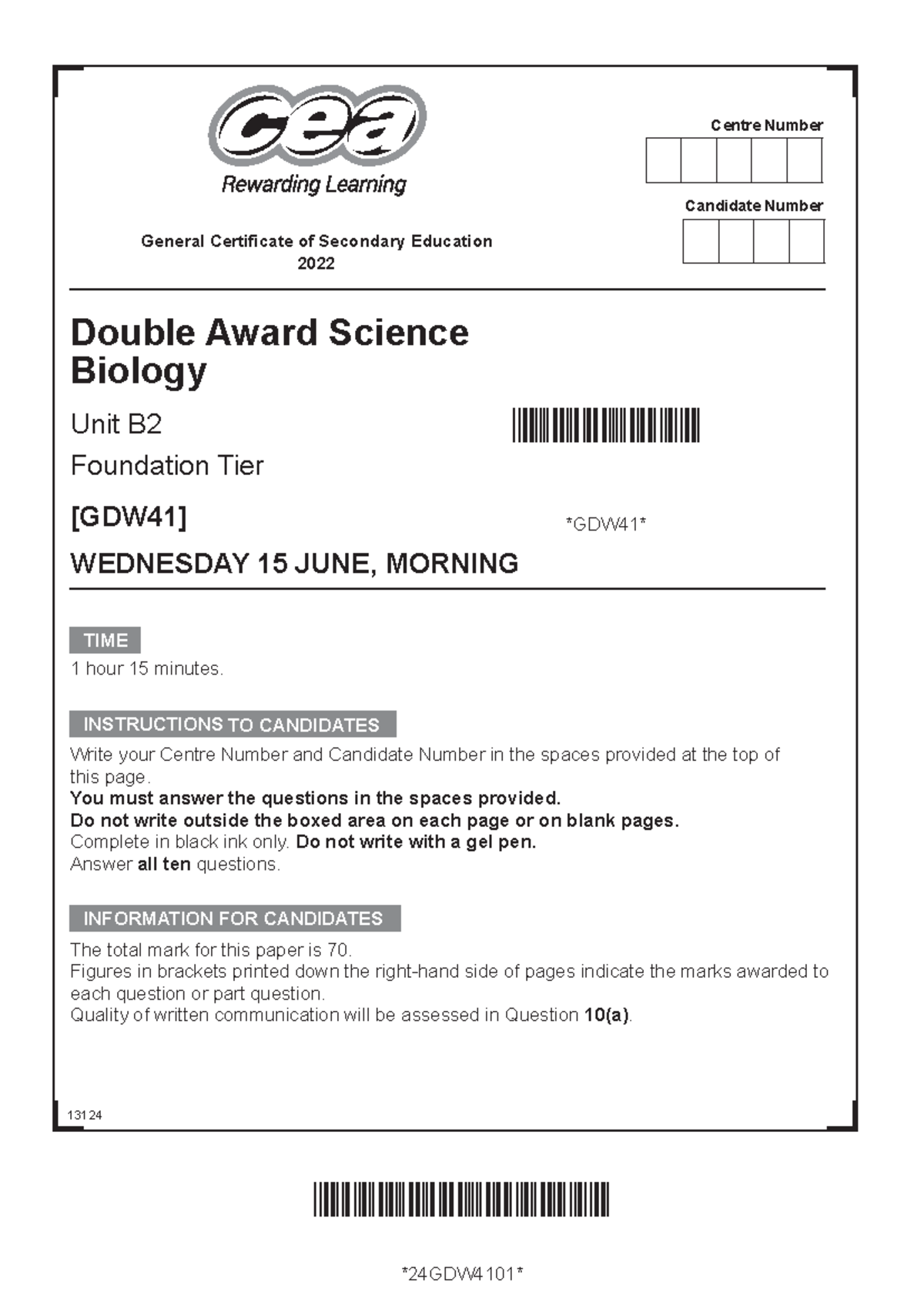 GCSE-Science Double Award-584-Summer 2022-Foundation Tier, Unit B2 ...