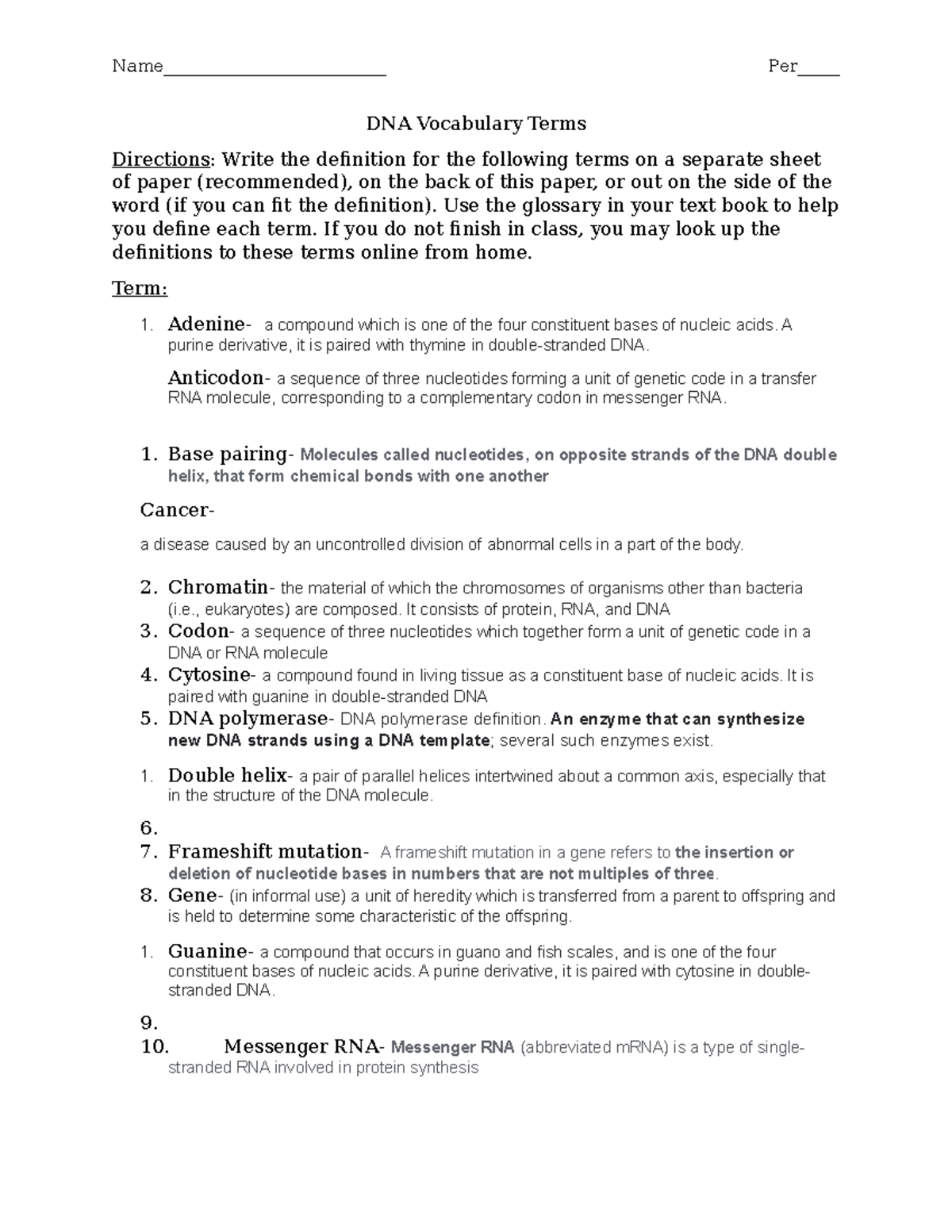 DNA vocabulary terms - N/A - Name__________________________ Per ...