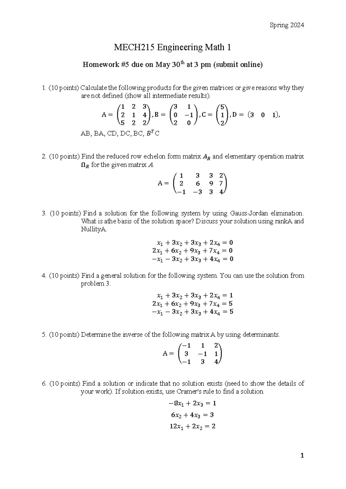 MECH215 2024 HW5 - ... - Spring 2024 1 MECH215 Engineering Math 1 ...