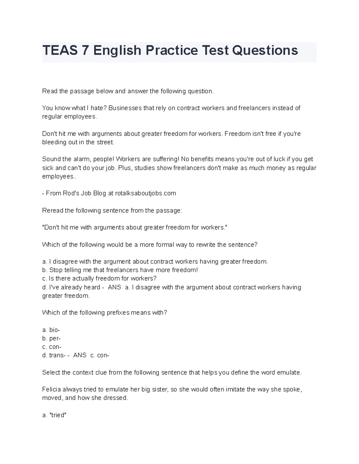 Untitled document (14) - TEAS 7 English Practice Test Questions Read ...