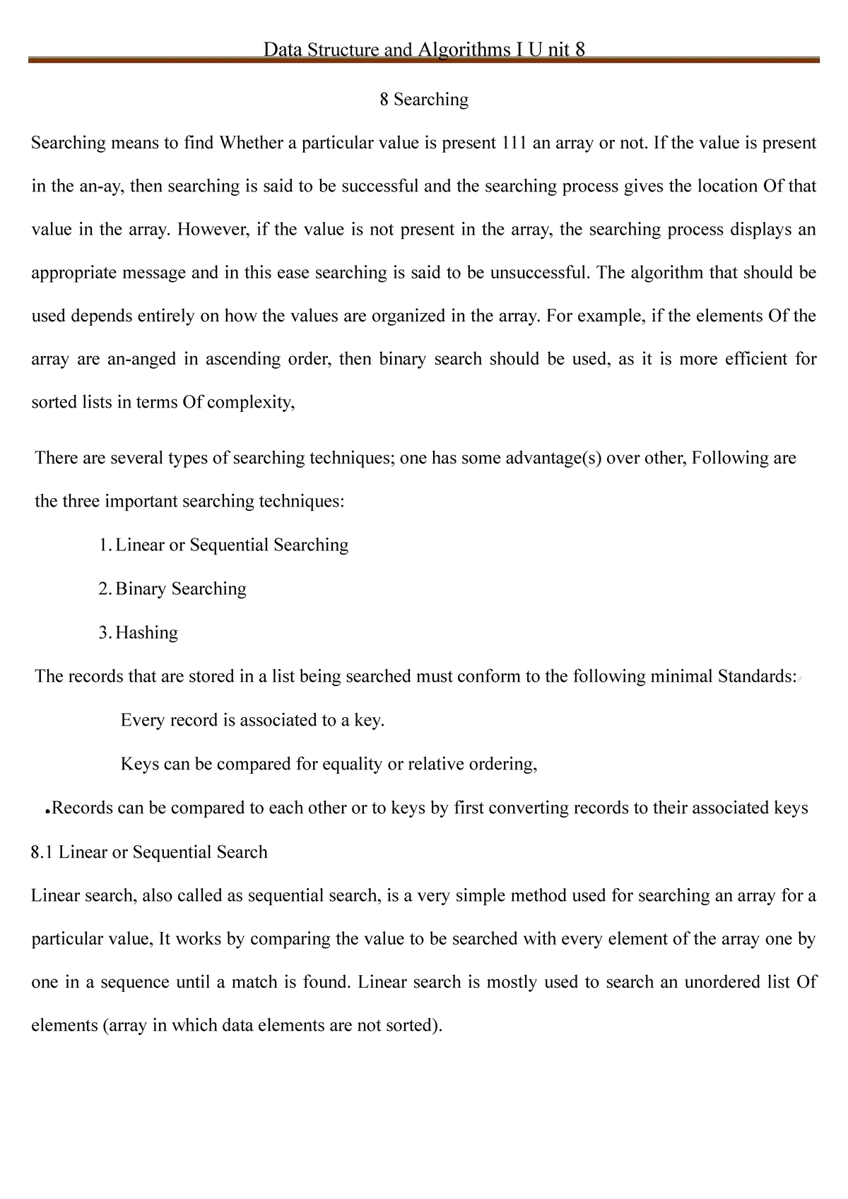 Dsa Unit 8 Lecture Notes 8 Searching Searching Means To Find Whether A Particular Value Is