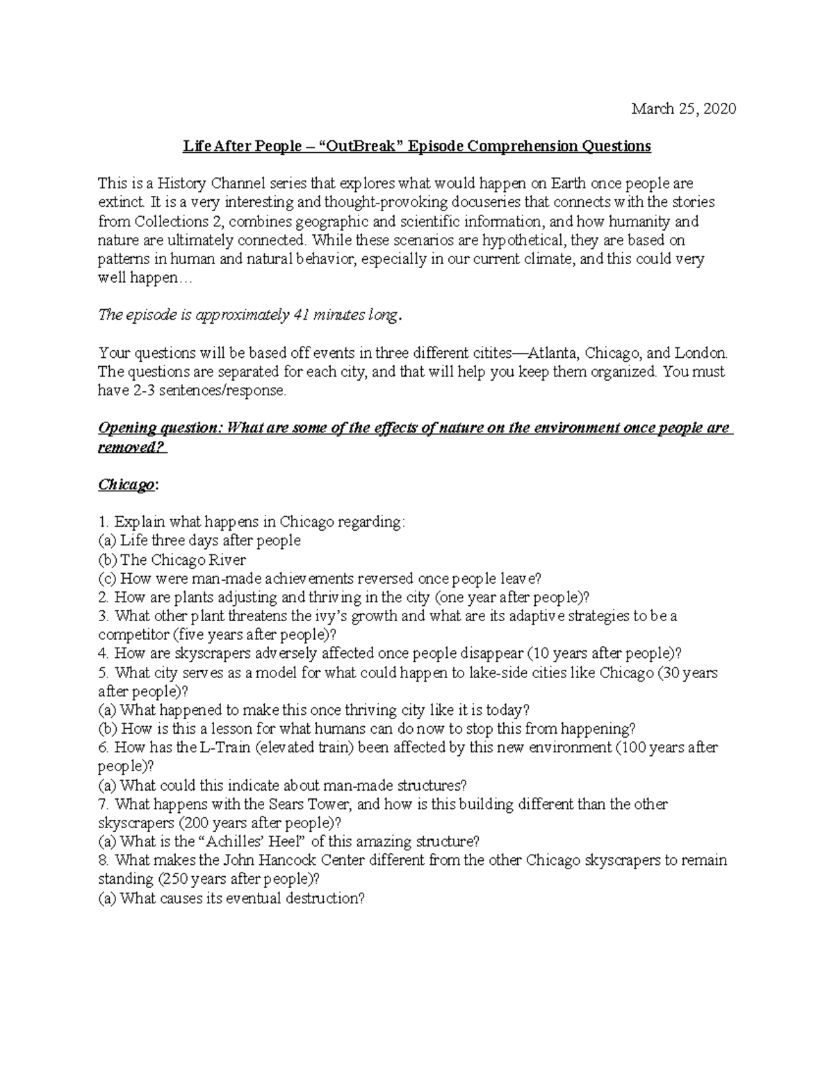 Life After People Comprehension Questions for Outbreak Episode - March ...