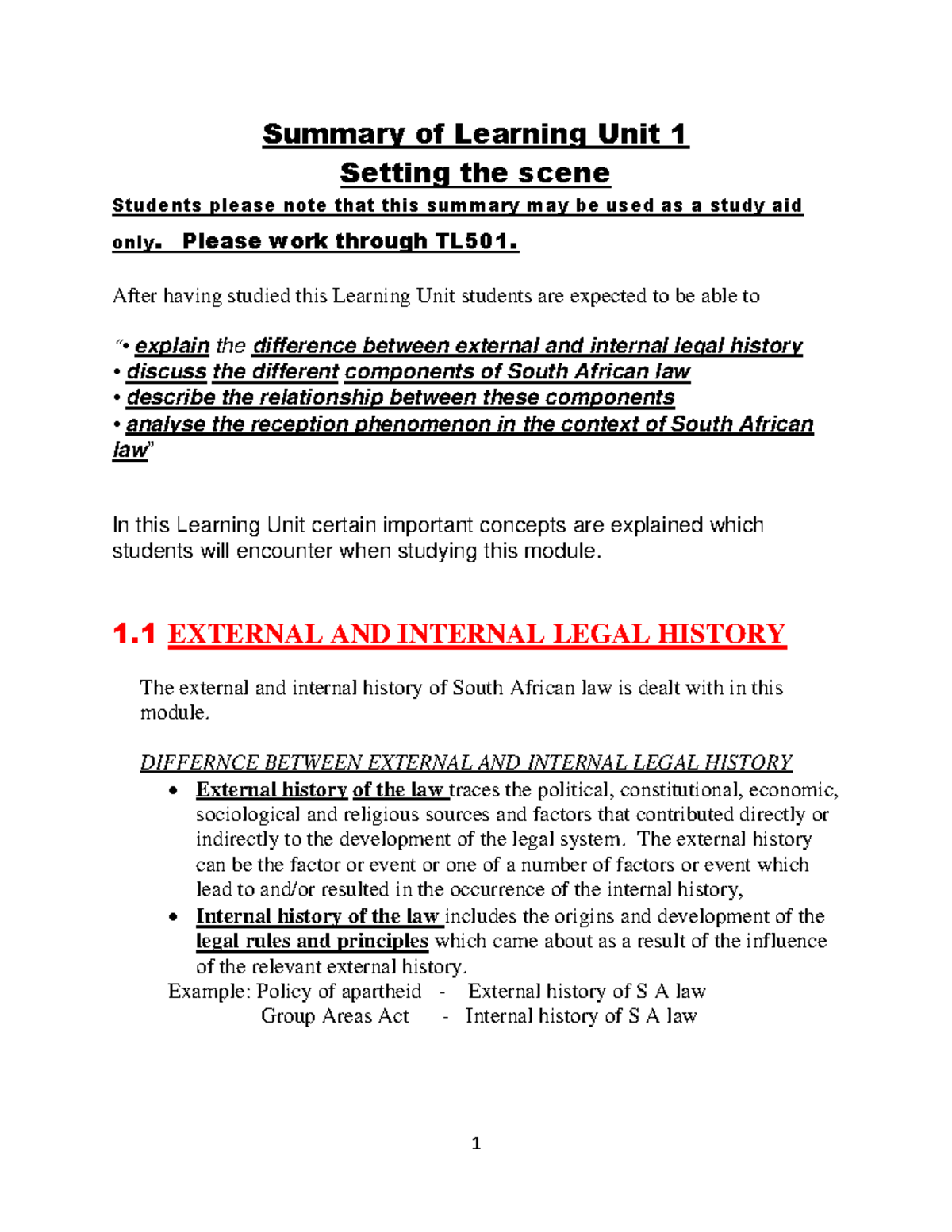 Summaryof Learning Unit 1 - Summary of Learning Unit 1 Setting the ...