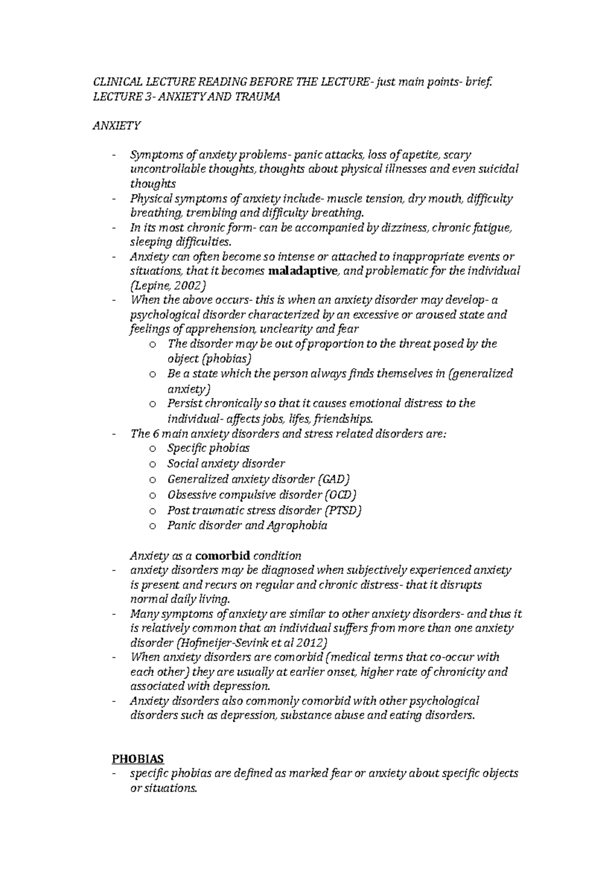 Clinical Lecture Reading- anxiety - CLINICAL LECTURE READING BEFORE THE ...