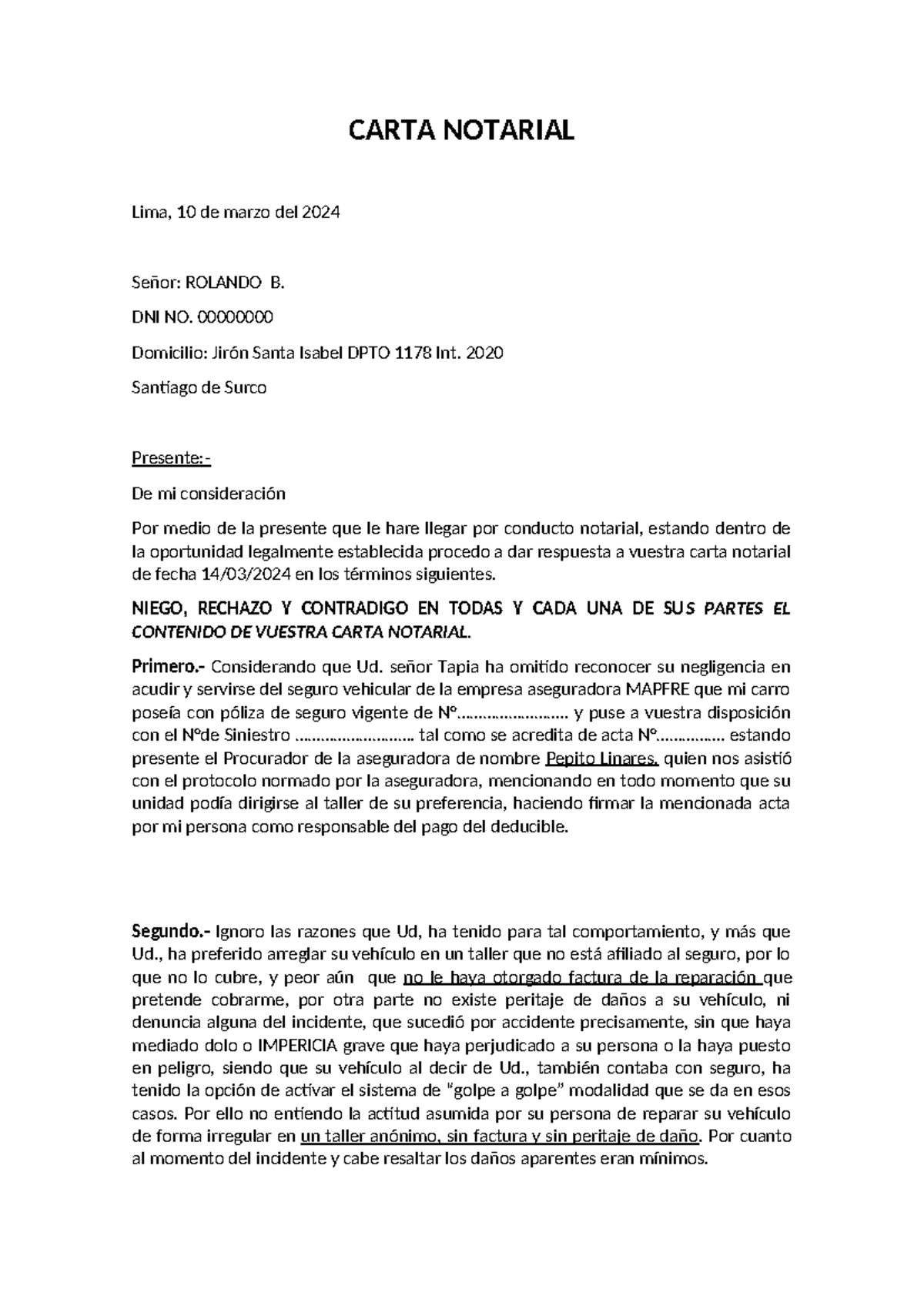 Carta Notarial: OBLIGACION EXTINTA POR CAUSA NO IMPUTABLE AL DEUDOR ...