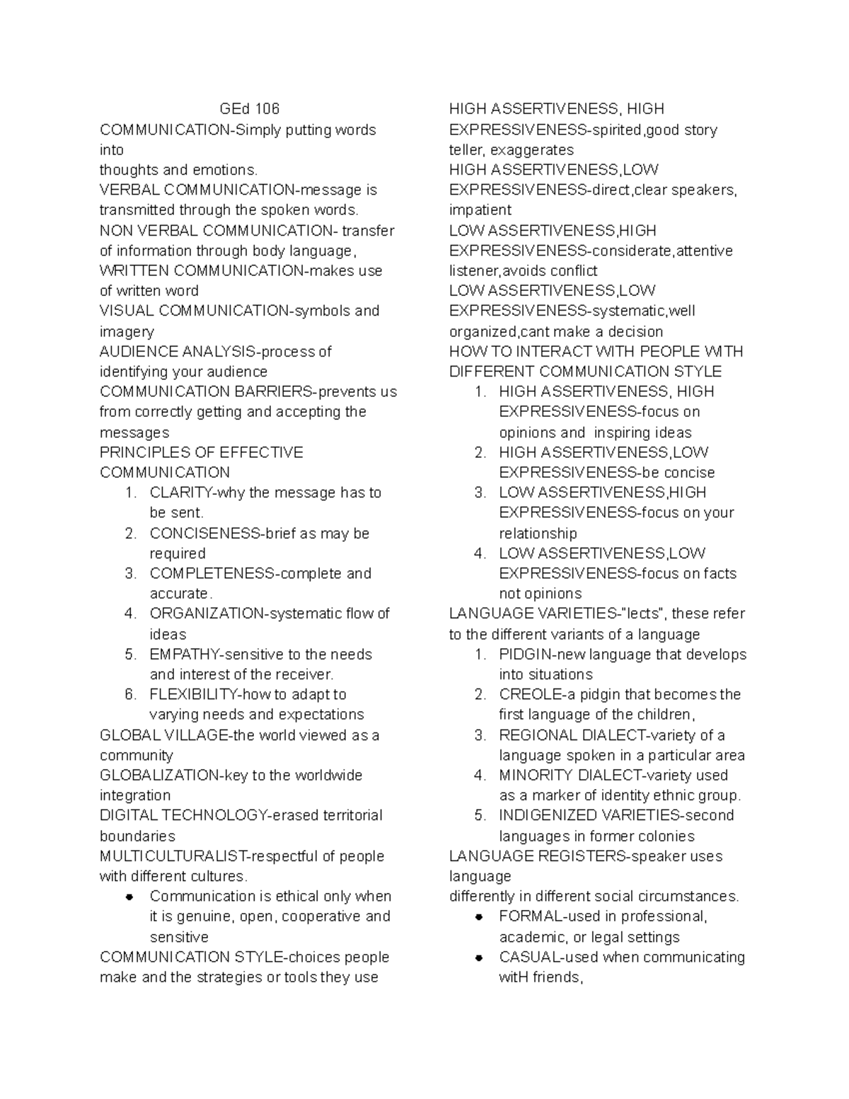 Purcomm reviewer - GEd 106 COMMUNICATION-Simply putting words into ...