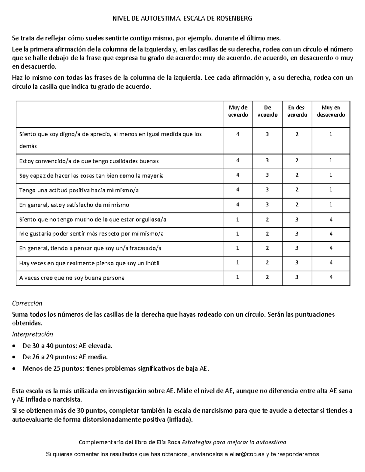 TEST Rosenberg - NIVEL DE AUTOESTIMA. ESCALA DE ROSENBERG Se trata de ...