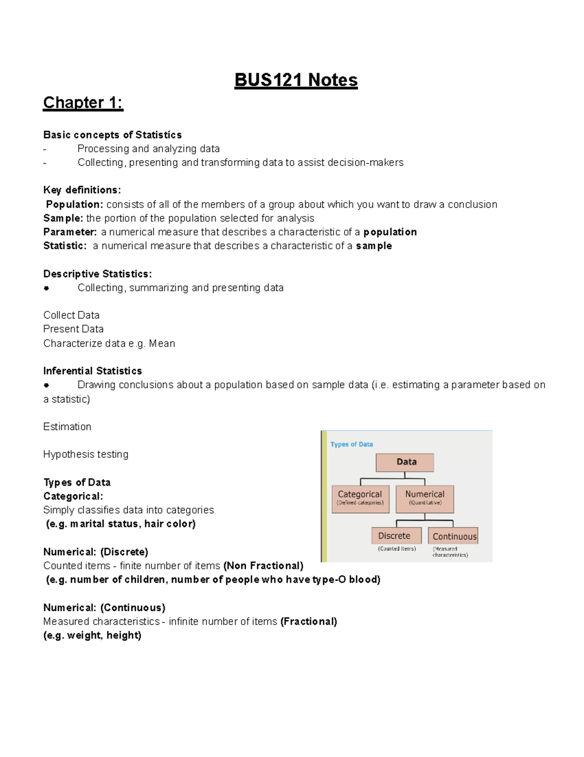 BUS 121- Notes - BUS121 Notes Chapter 1: Basic concepts of Statistics ...