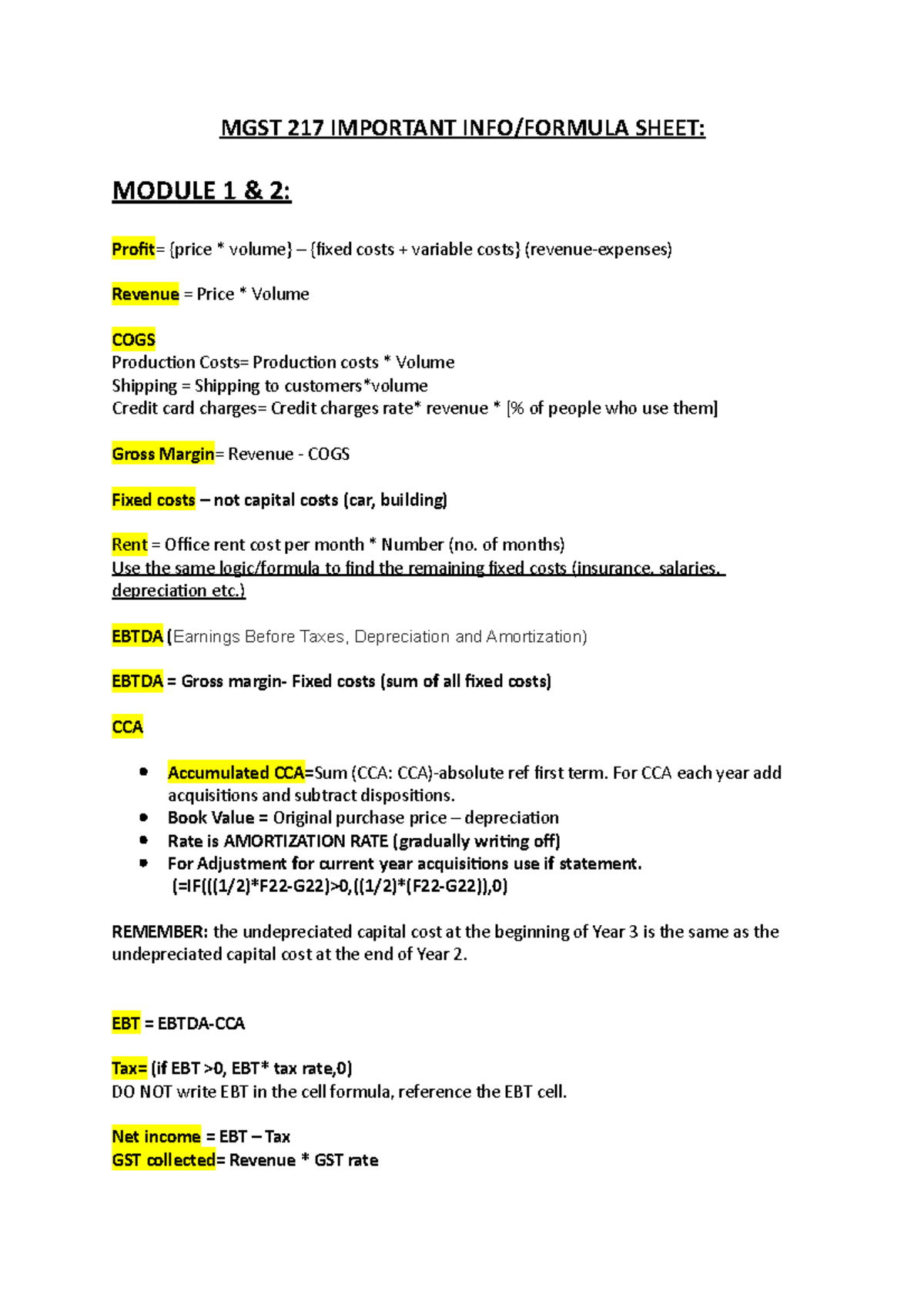 Summary Sheet - MGST 217 IMPORTANT INFO/FORMULA SHEET: MODULE 1 & 2 ...