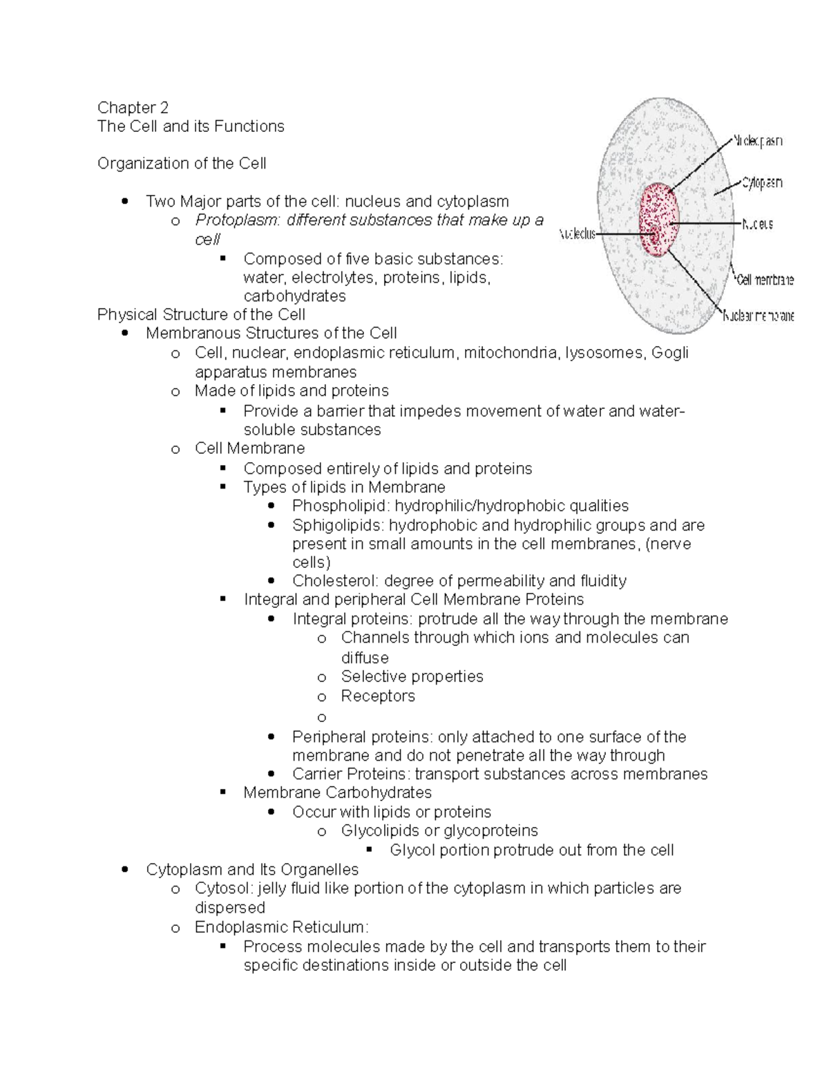 Chapter 2 - Lecture notes Lecture 3,4,5 - Chapter 2 The Cell and its ...